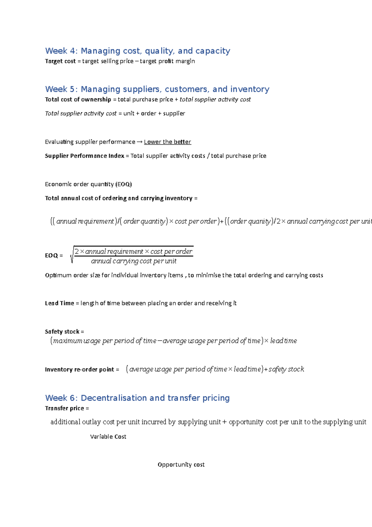 Class test wk1-7 formula sheet - Week 4: Managing cost, quality, and ...