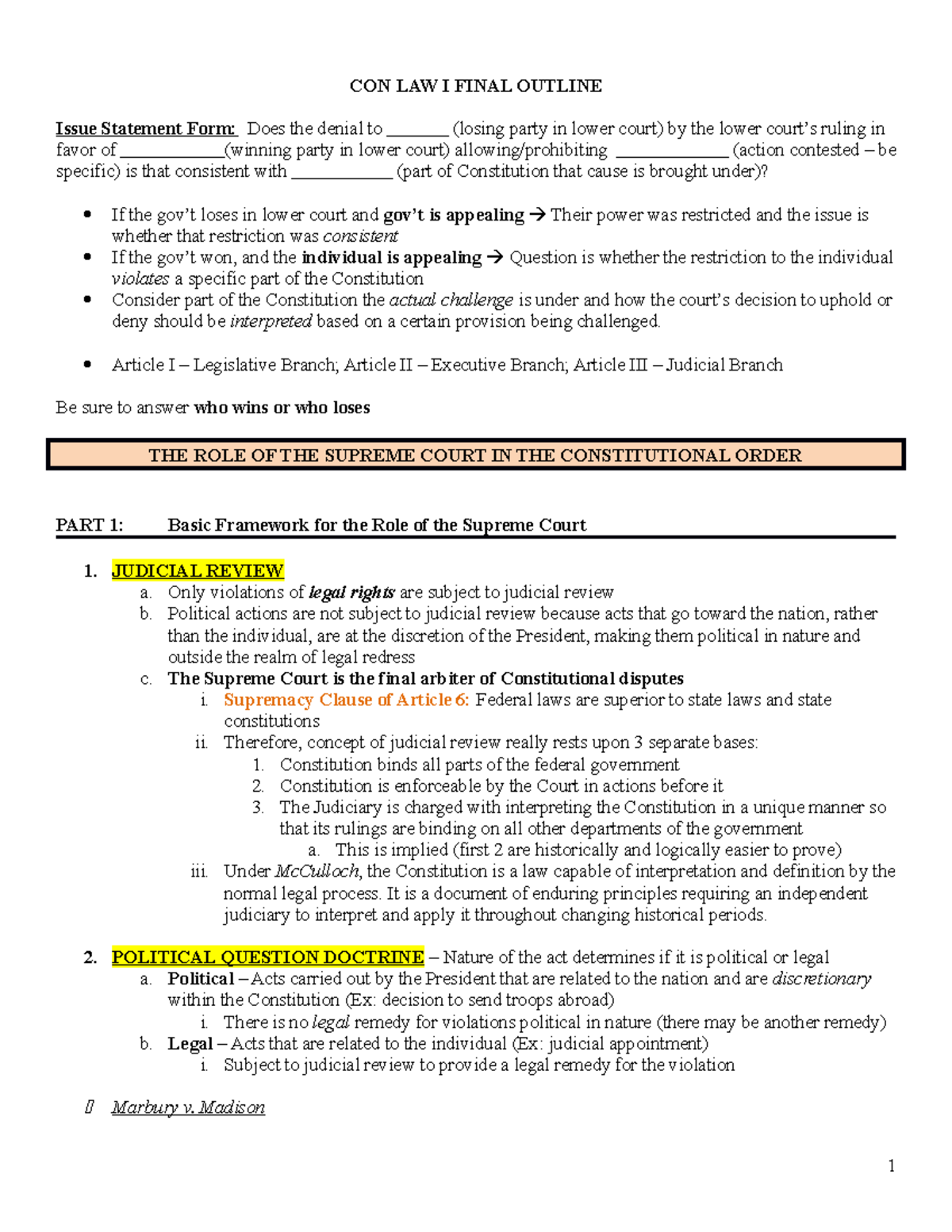 Final Con Law I Outline - Michael Higginbotham - CON LAW I FINAL ...