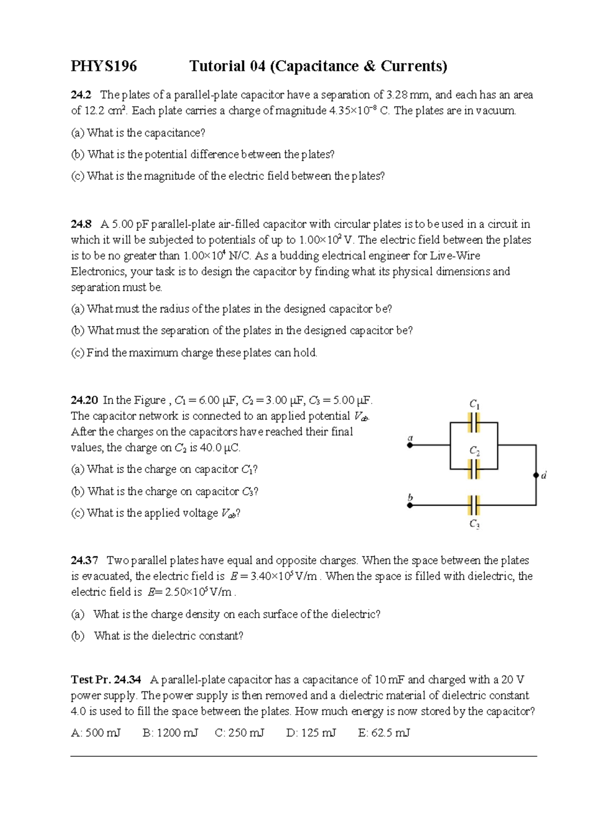 Capacitance current tut - PHYS196 Tutorial 04 (Capacitance & Currents ...