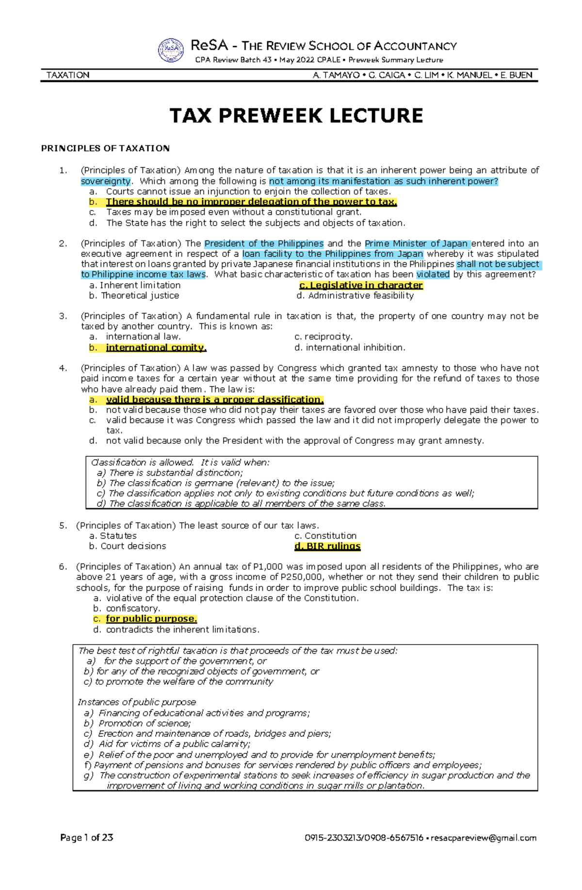 TAX Preweek Practice - ReSA - THE REVIEW SCHOOL OF ACCOUNTANCY CPA Review Batch 43 May 2022 ...