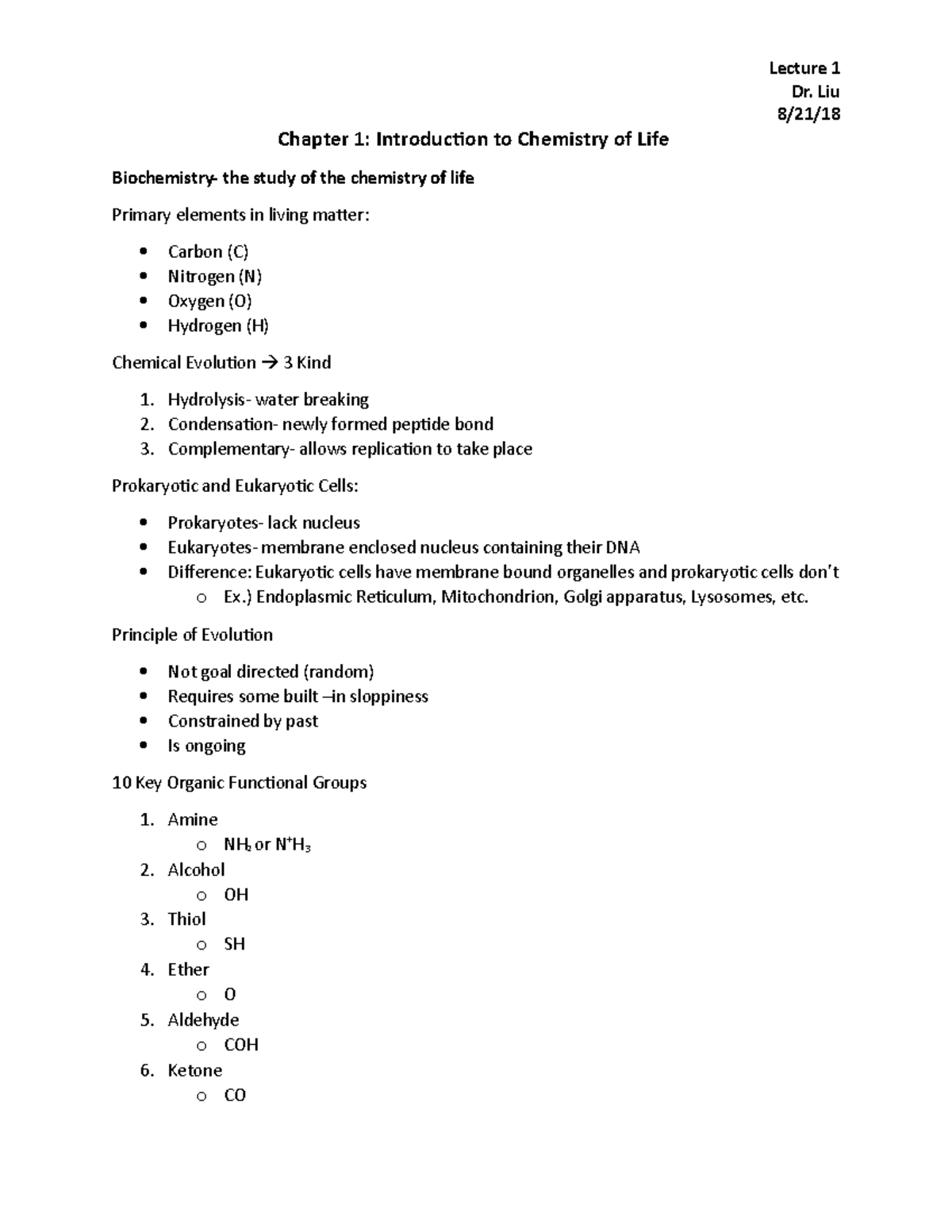 Lecture 1 Notes - Chapter 1: Introduction to Chemistry of Life Lecture ...