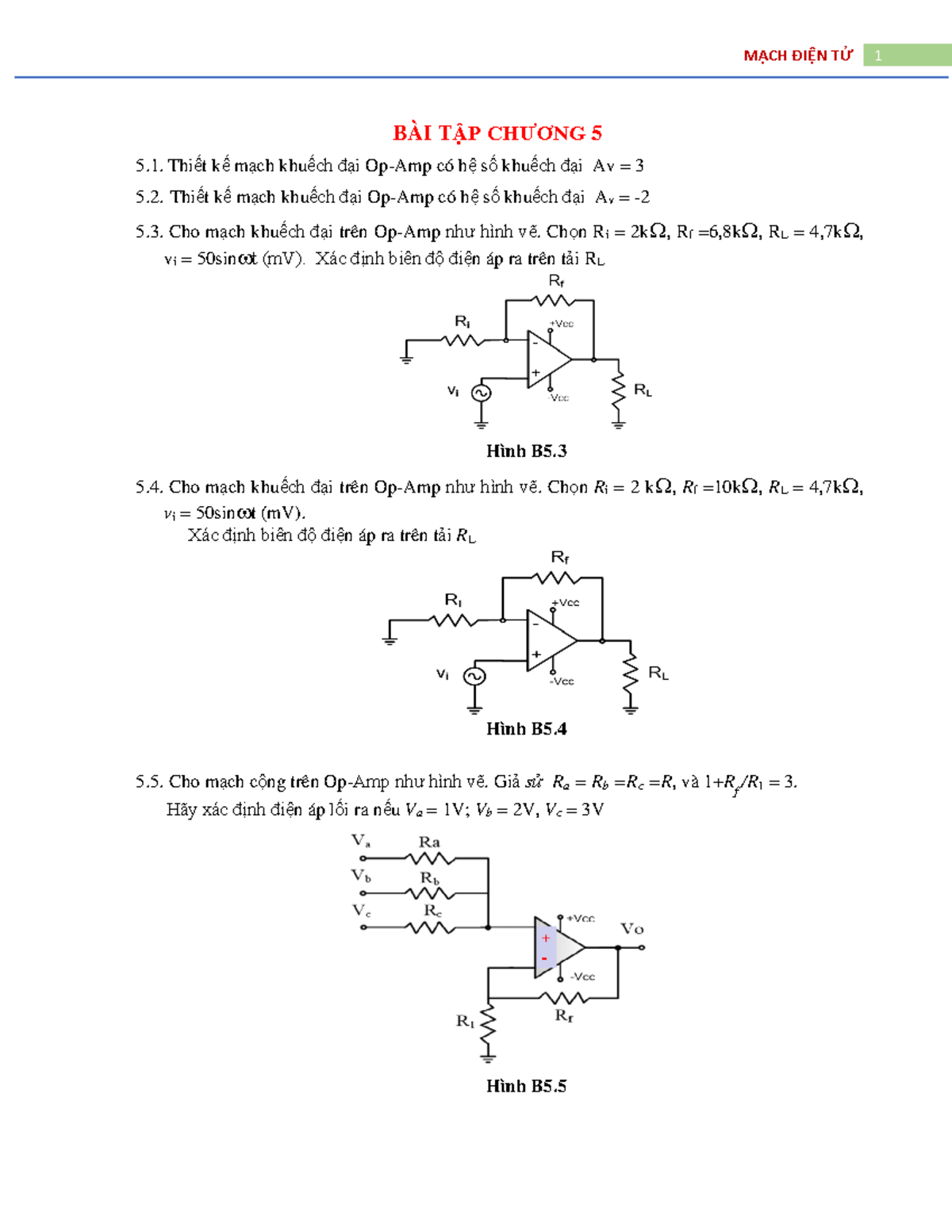 Bai tap C5 - zzz - BÀI TẬP CHƯƠNG 5 Thiết kế mạch khuếch đại Op-Amp có hệ số khuếch đại Av = 3 ...