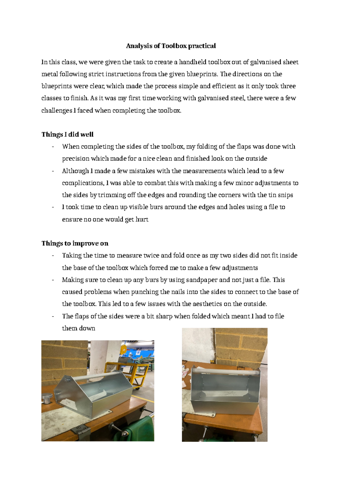 Analysis of Toolbox practical - The directions on the blueprints were ...