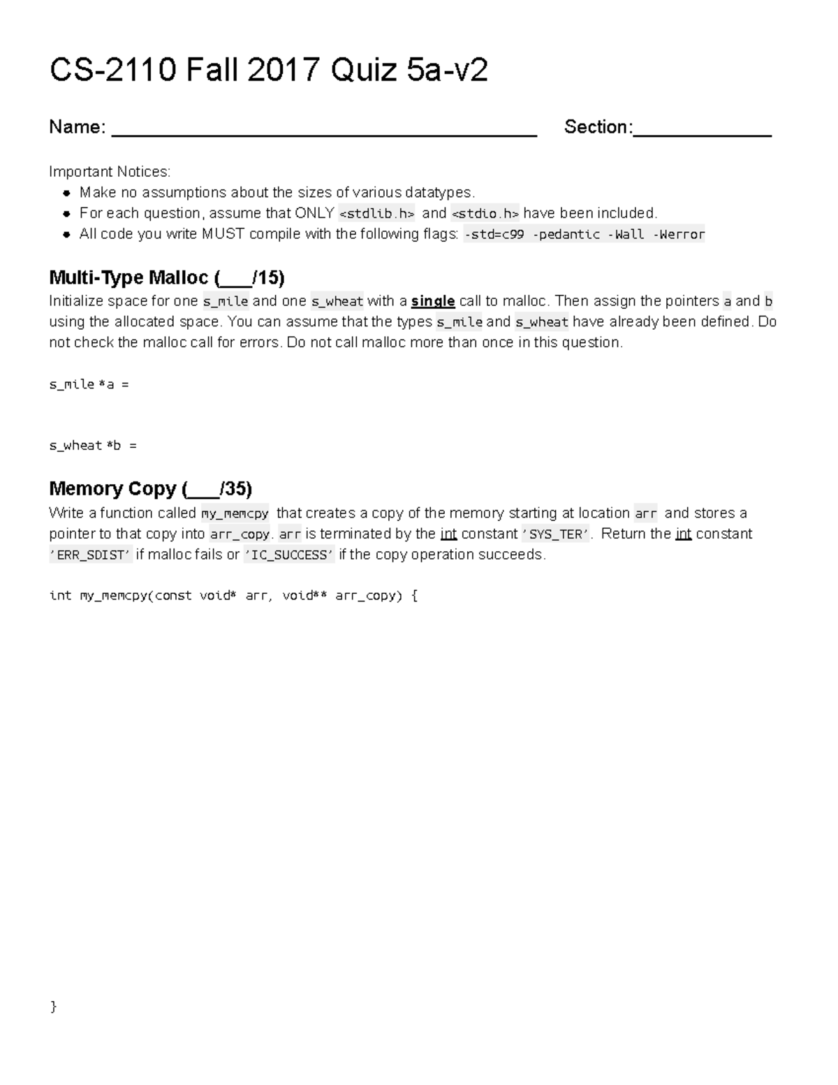 FA17 Quiz 5A v2 - Practice Quizzes - CS-2110 Fall 2017 Quiz 5a-v Name ...