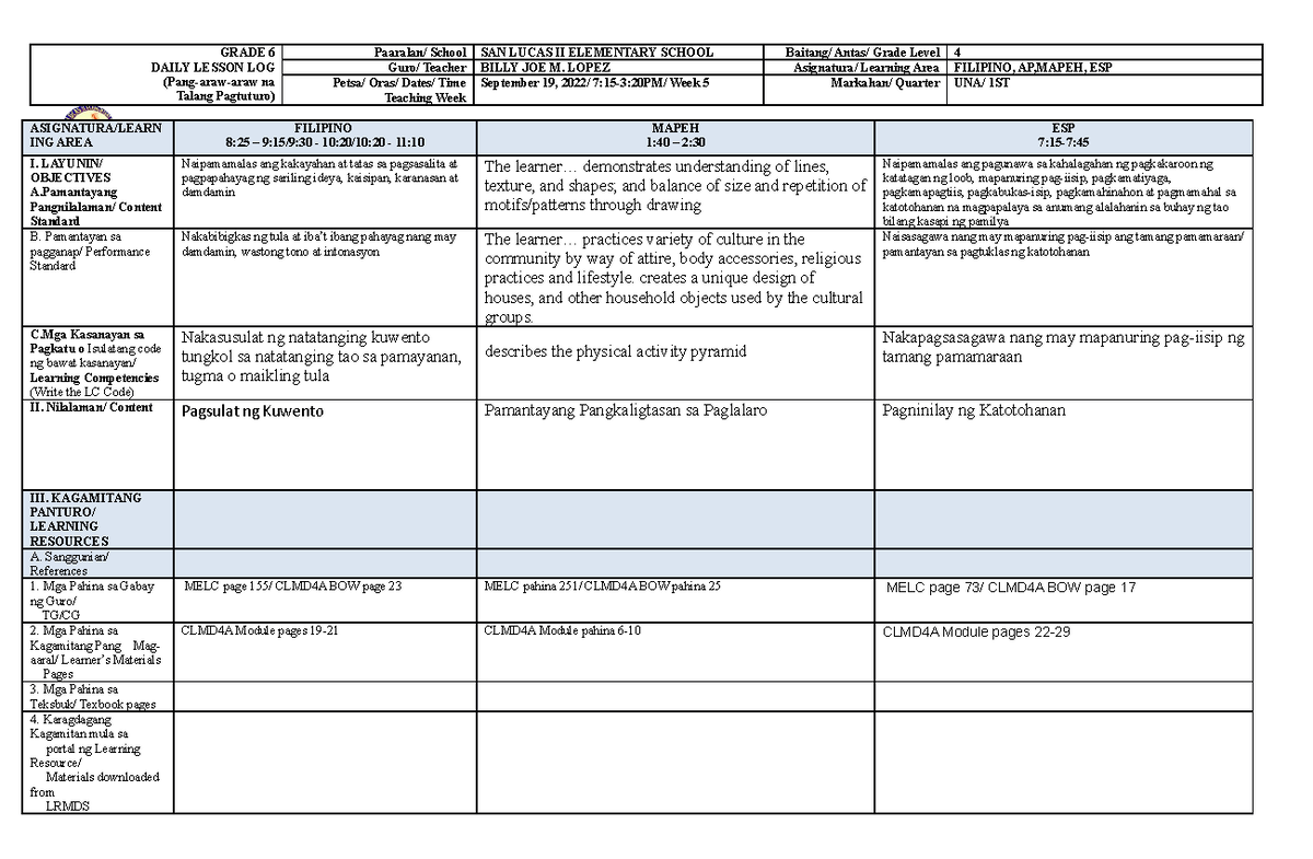 Q1 WEEK 3 DLL s EPT. 19 - Lesson Plan - GRADE 6 DAILY LESSON LOG (Pang ...