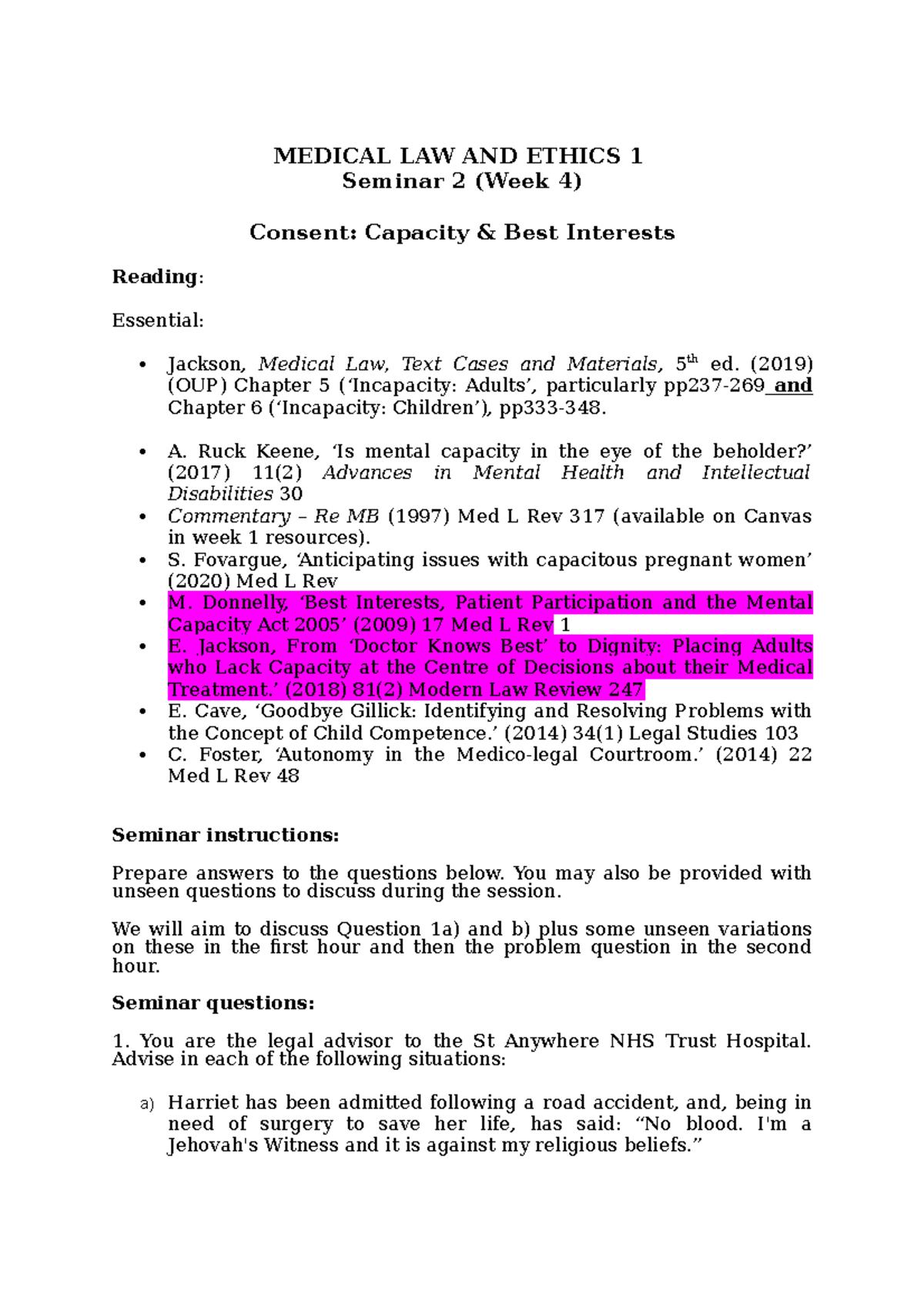 Seminar 2- Consent and Capacity - MEDICAL LAW AND ETHICS 1 Seminar 2 ...