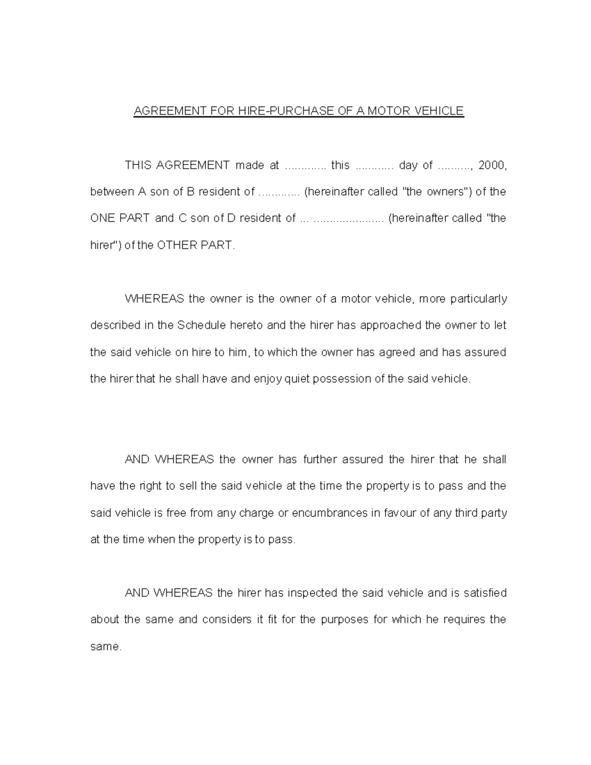 Hire purchase agreement-sample - AGREEMENT FOR HIRE-PURCHASE OF A MOTOR ...