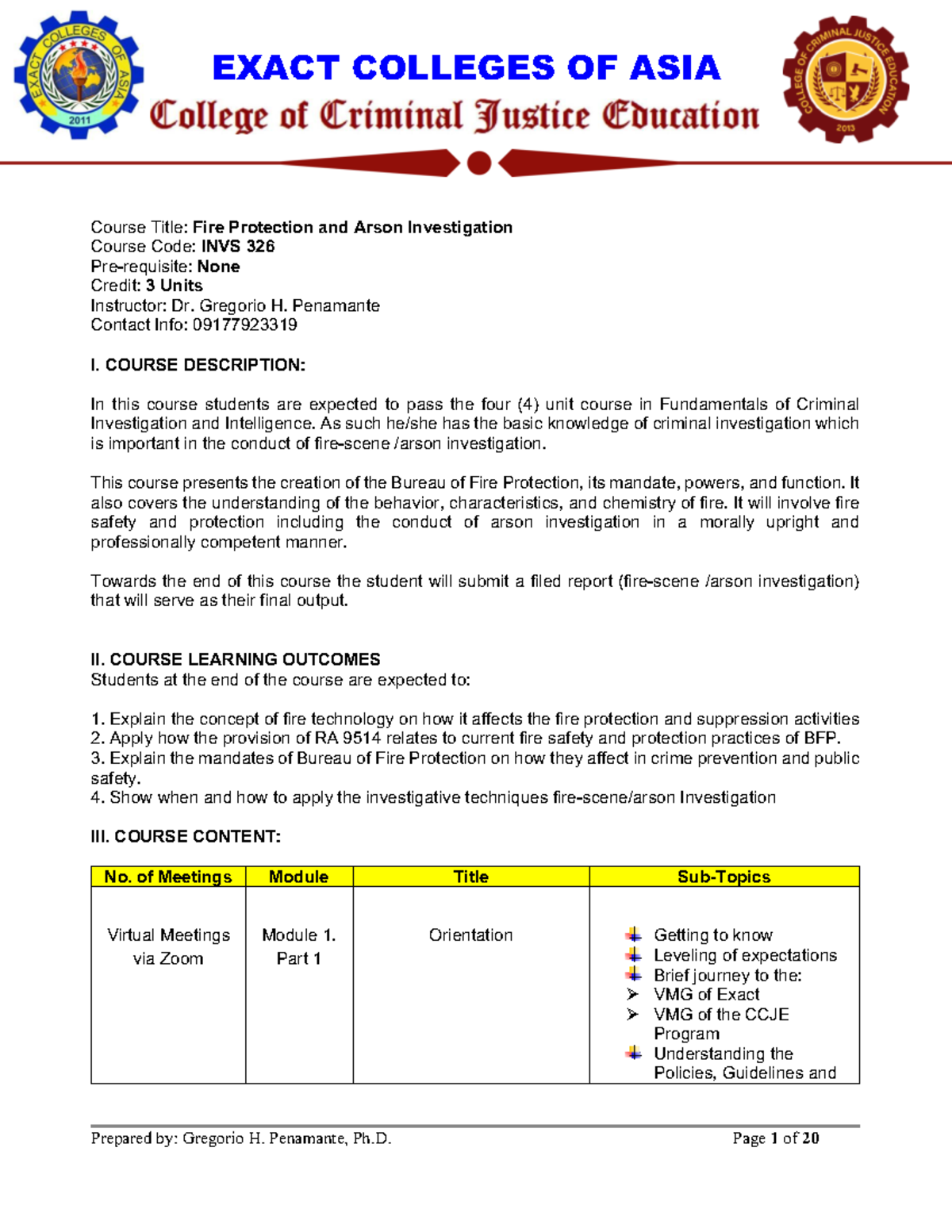 Outline-FIRE-TECH-2.0-1 - Course Title: Fire Protection and Arson ...