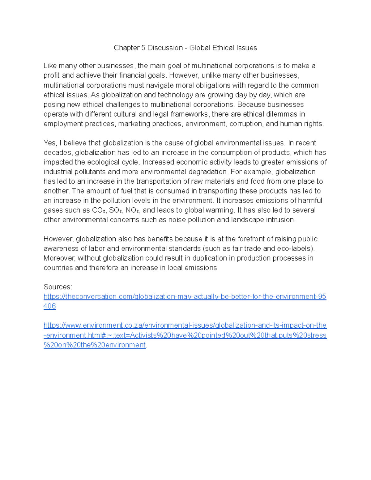 Chapter 5 Discussion - Global Ethical Issues - However, unlike many ...