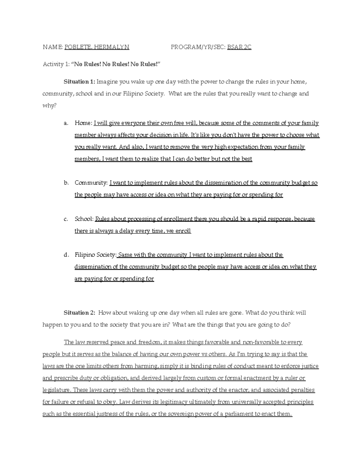 ( Poblete) Ethics - Activity 1 - NAME: POBLETE, HERMALYN PROGRAM/YR/SEC ...