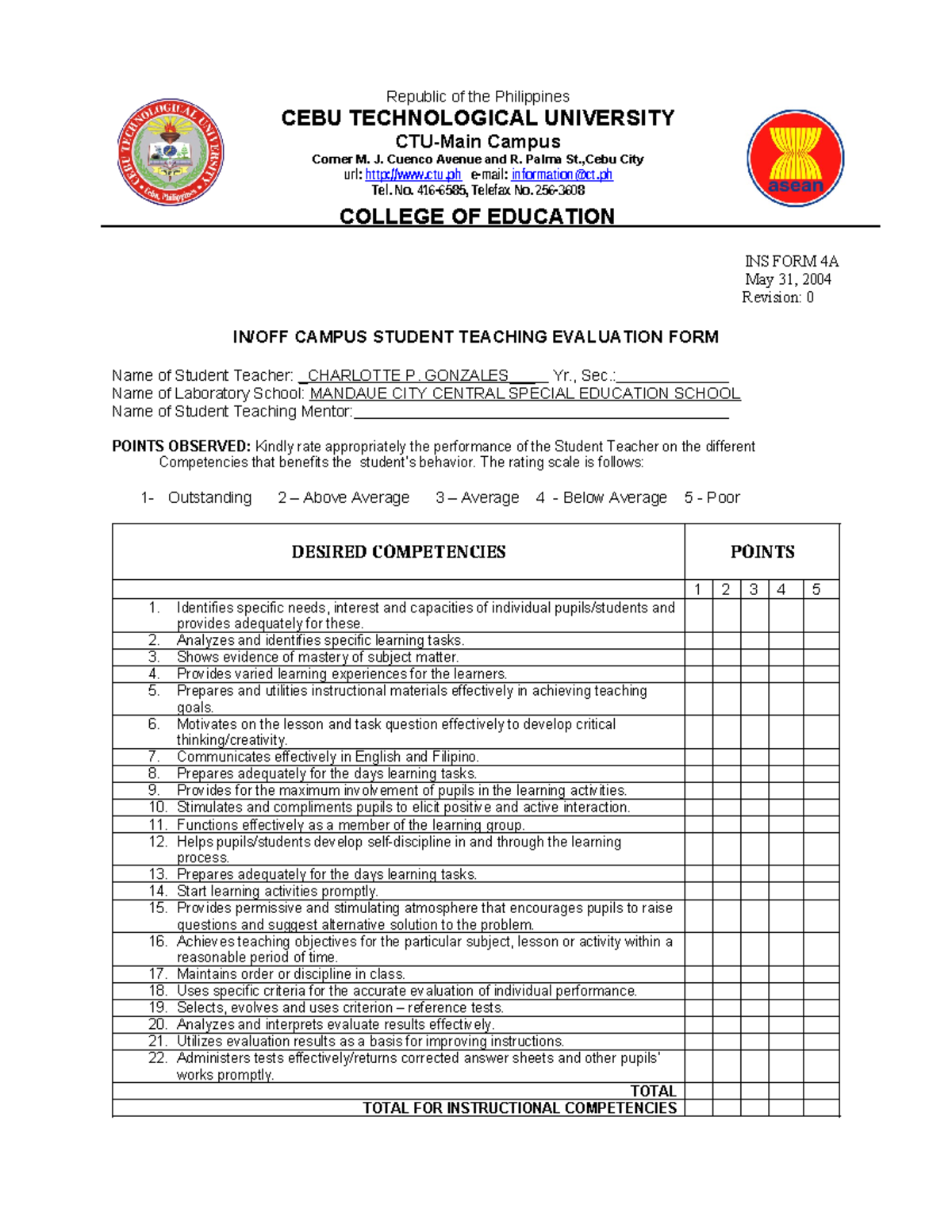 Practicum Evaluation Sheet 1 - INS FORM 4A May 31, 2004 Revision: 0 IN ...