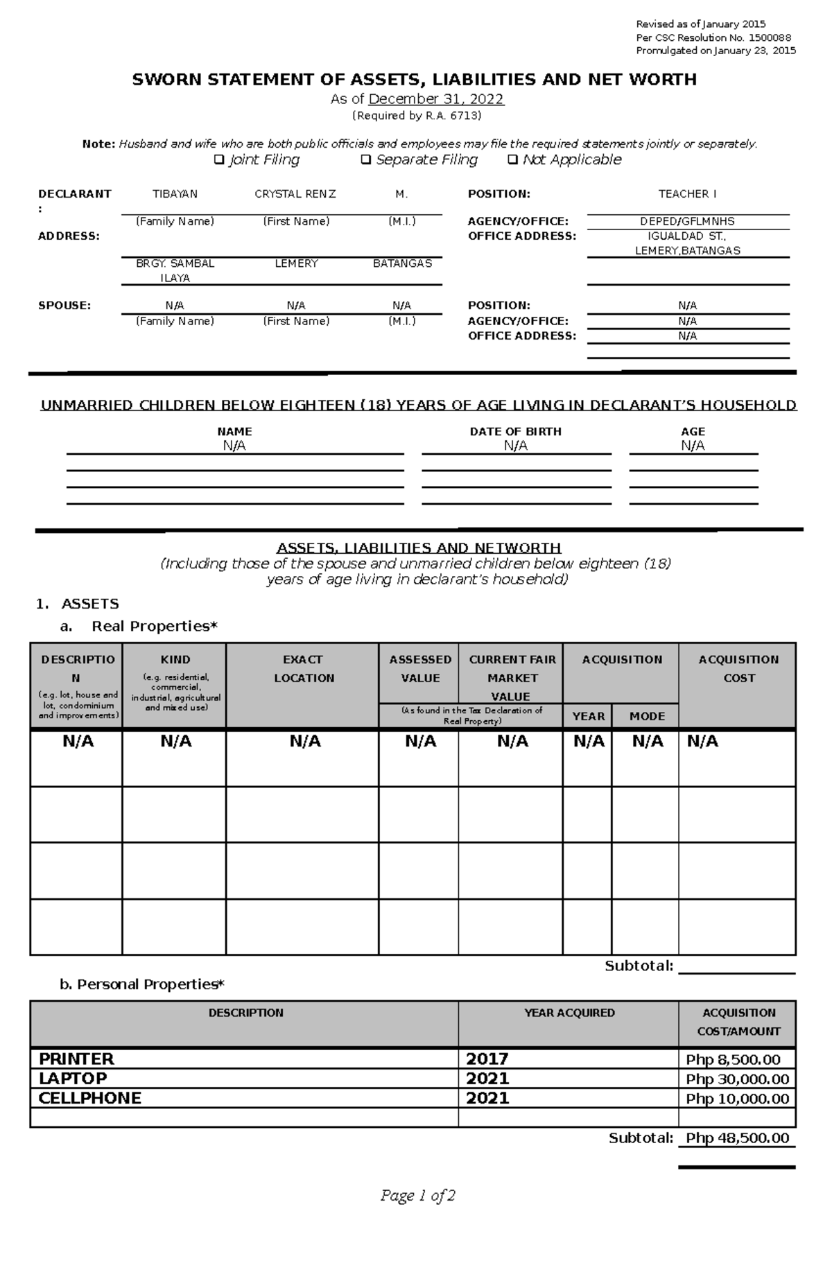 Tibayan Crystal RENZ M C SALN Form - Revised as of January 2015 Per CSC ...