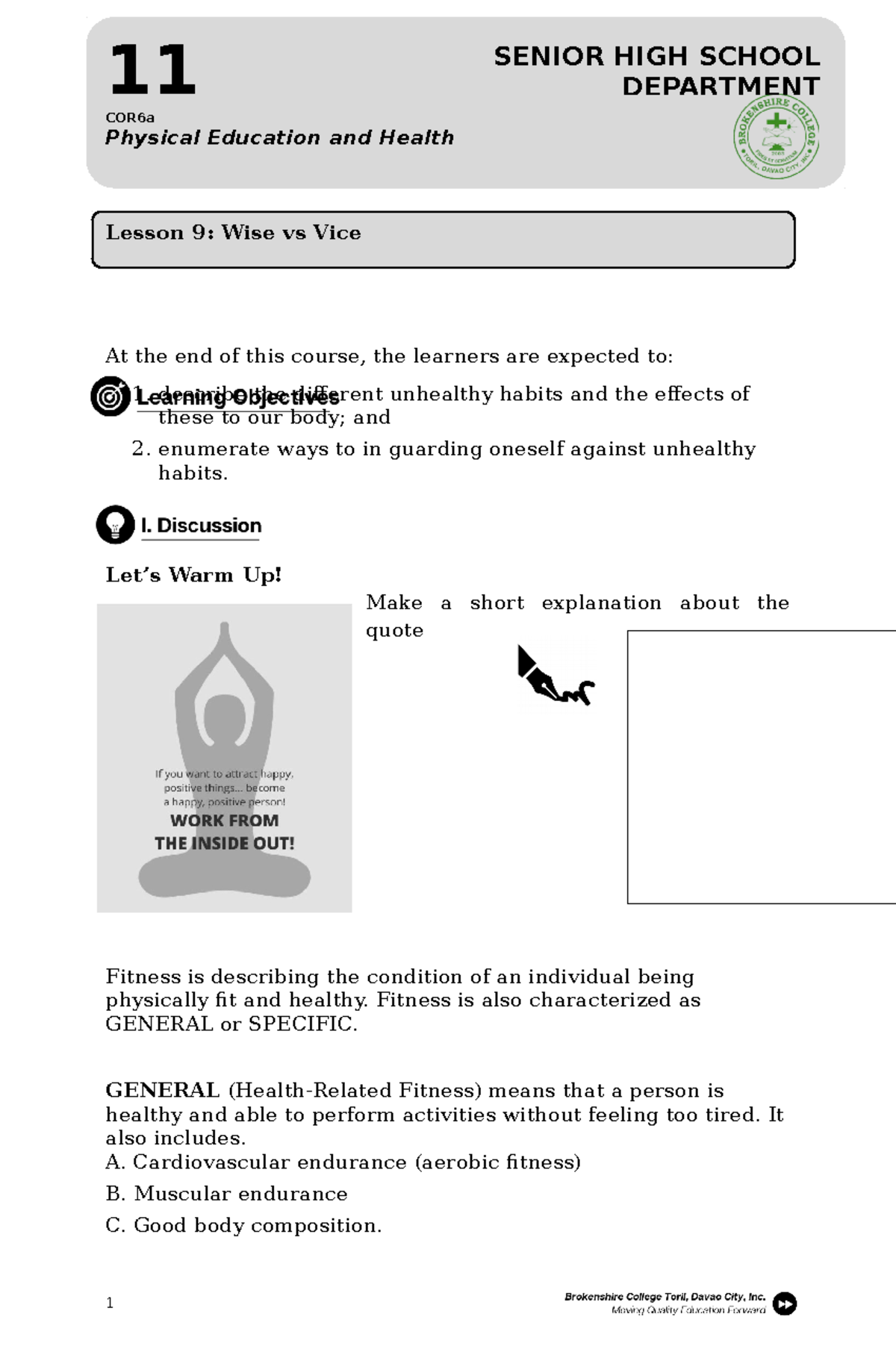 P.E 11 Module 9 - Lecture notes 1 - At the end of this course, the ...