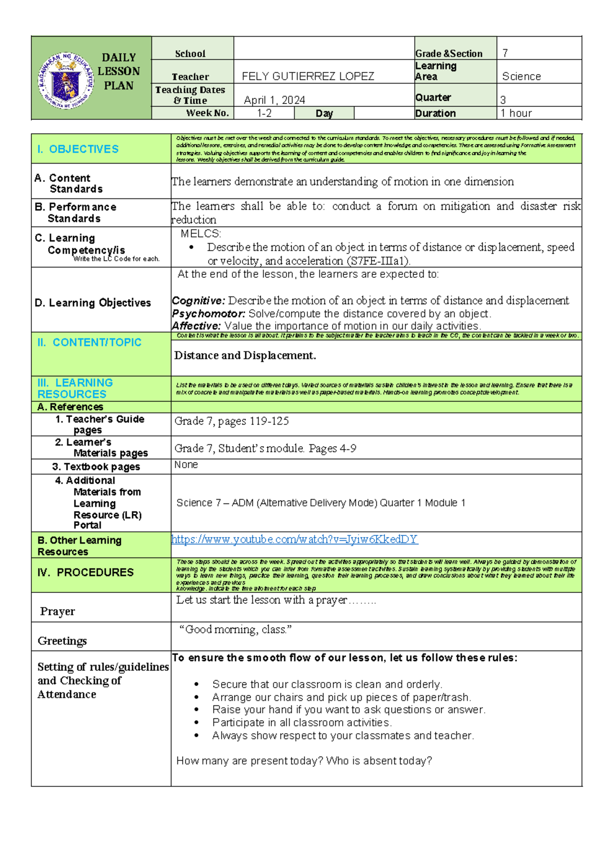 Lesson PLAN FOR DEMO Teaching G7 final - DAILY LESSON PLAN School Grade ...