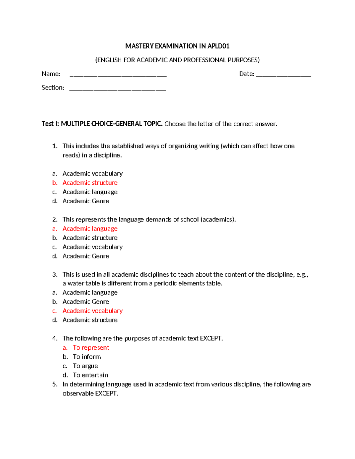 Mastery Examination IN APLD01 Answer KEY - MASTERY EXAMINATION IN APLD ...