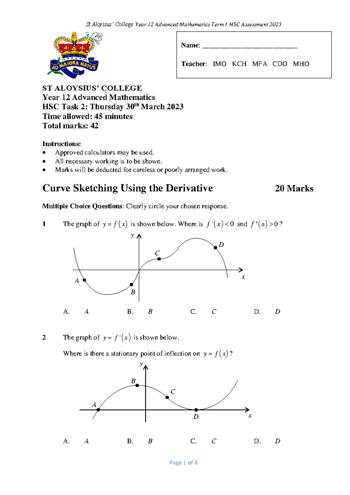 12 Adv T1 23 - ST ALOYSIUS’ COLLEGE Year 12 Advanced Mathematics HSC ...