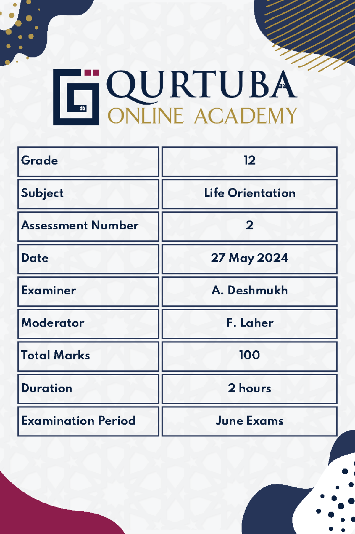 GR 12 LO JUNE EXAM 2024 - Question Paper Term 2 2024 - Grade 12 Subject Life Orientation ...