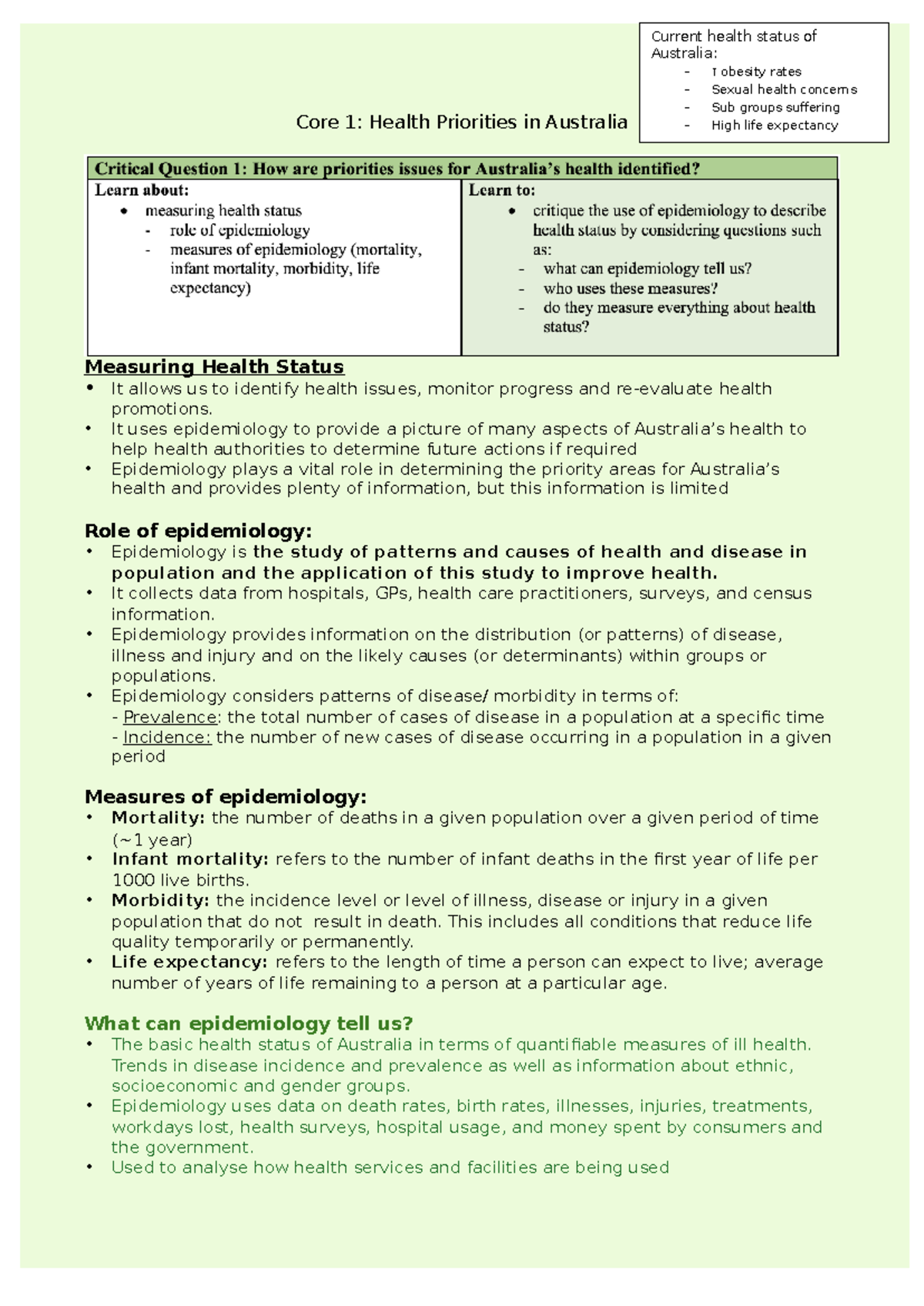 PDHPE Core 1 Priority Health In Australia - Core 1: Health Priorities ...