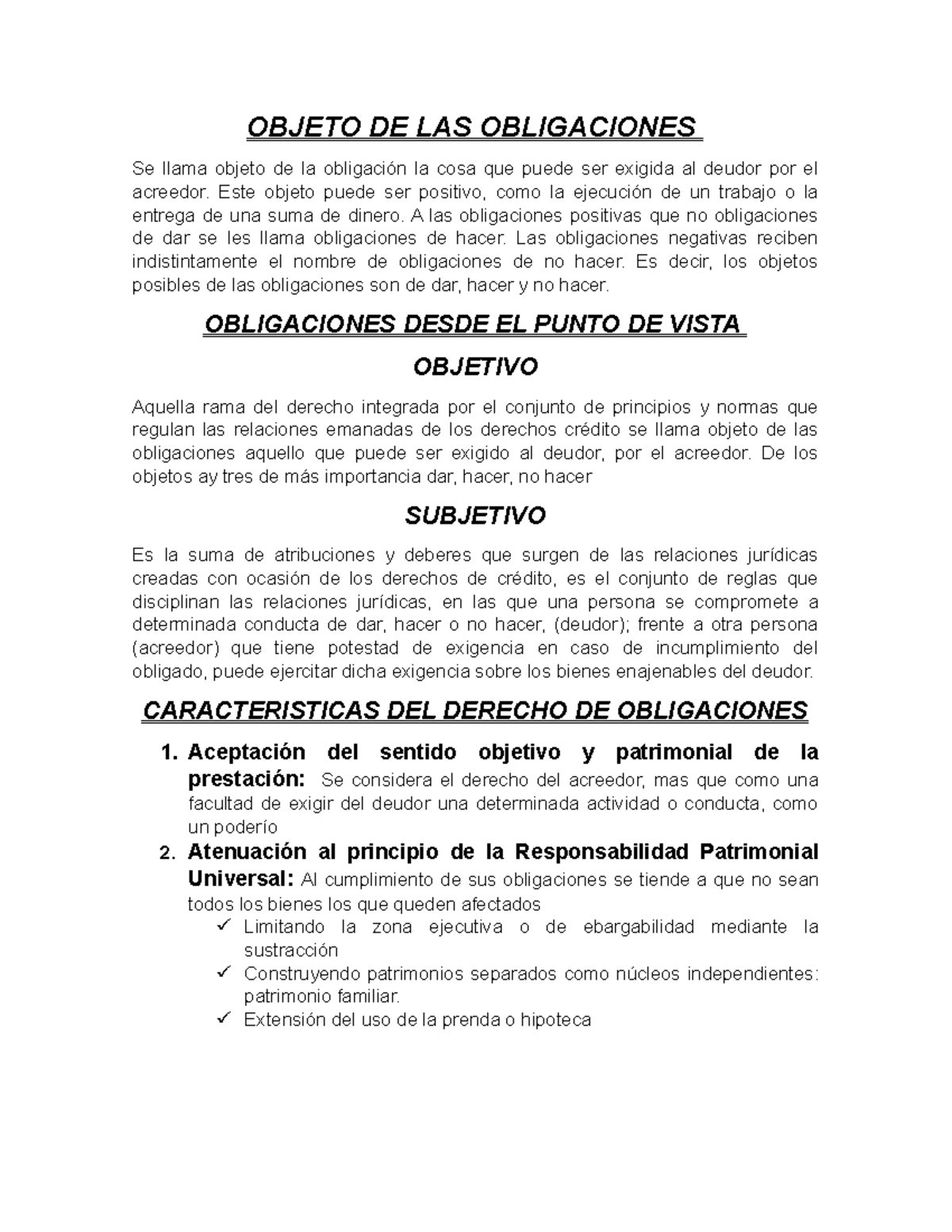 Derecho Obligaciones - OBJETO DE LAS OBLIGACIONES Se llama objeto de la ...