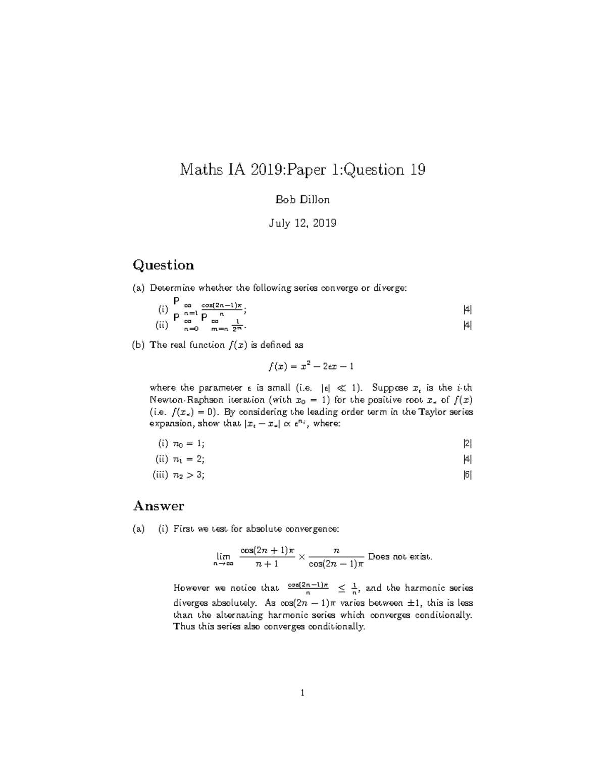 1A maths 2019 P1 Q19(Series) - Maths IA 2019:Paper 1:Question 19 Bob ...