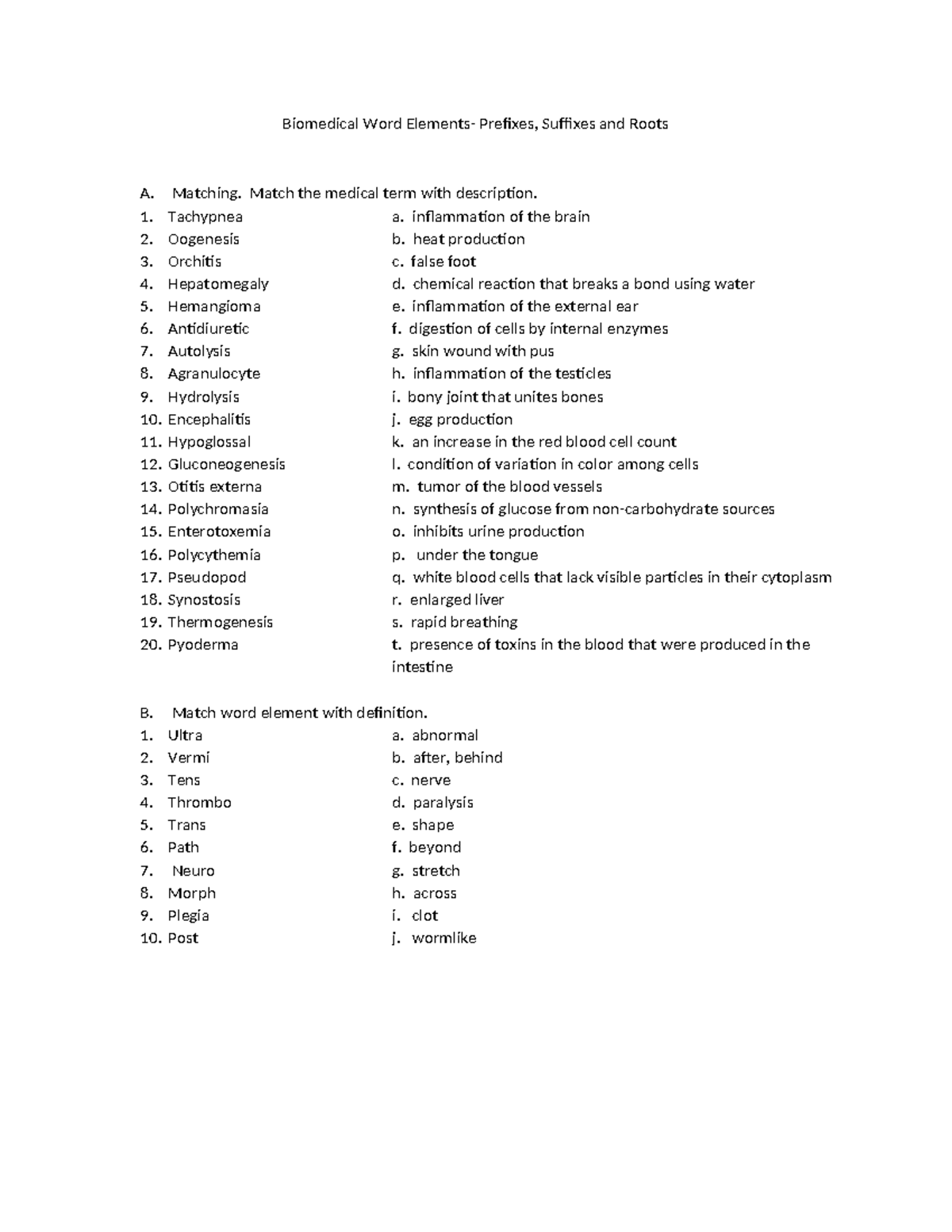 Biomedical Word Elements Exercise - Biomedical Word Elements- Prefixes ...
