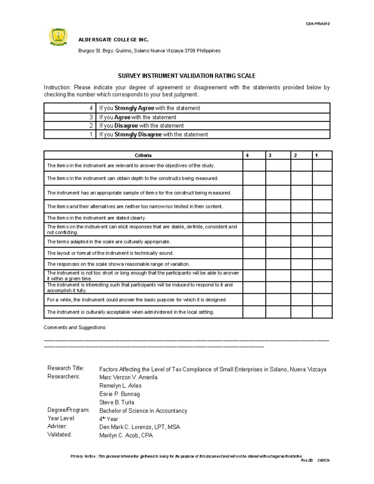 2ACRC FORM 010- Questionnaire Validation Criteria - CBA-FRM- ALDERSGATE ...