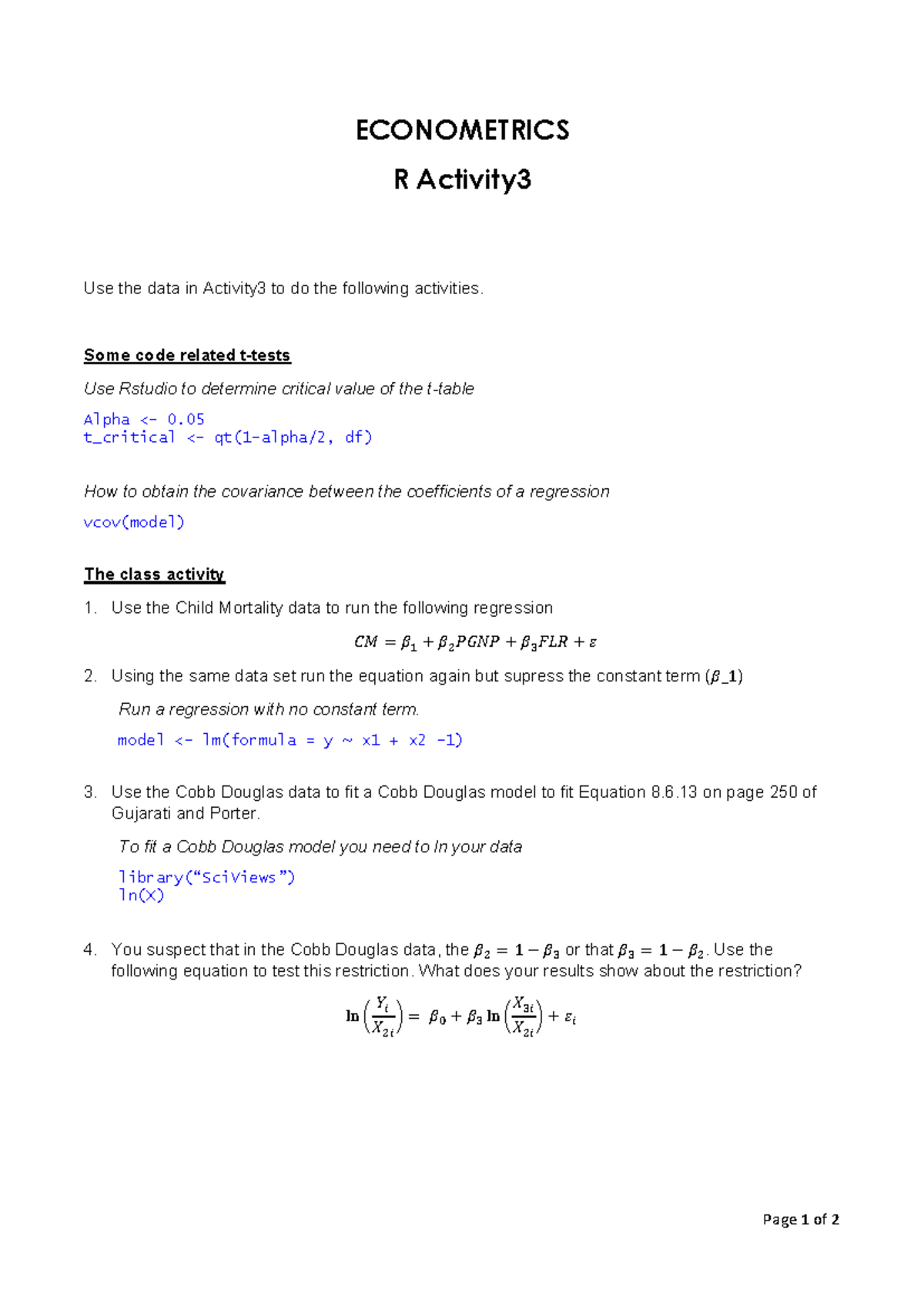 Econometrics R Exercise 3 Page 1 Of 2 Econometrics R Activity Use The