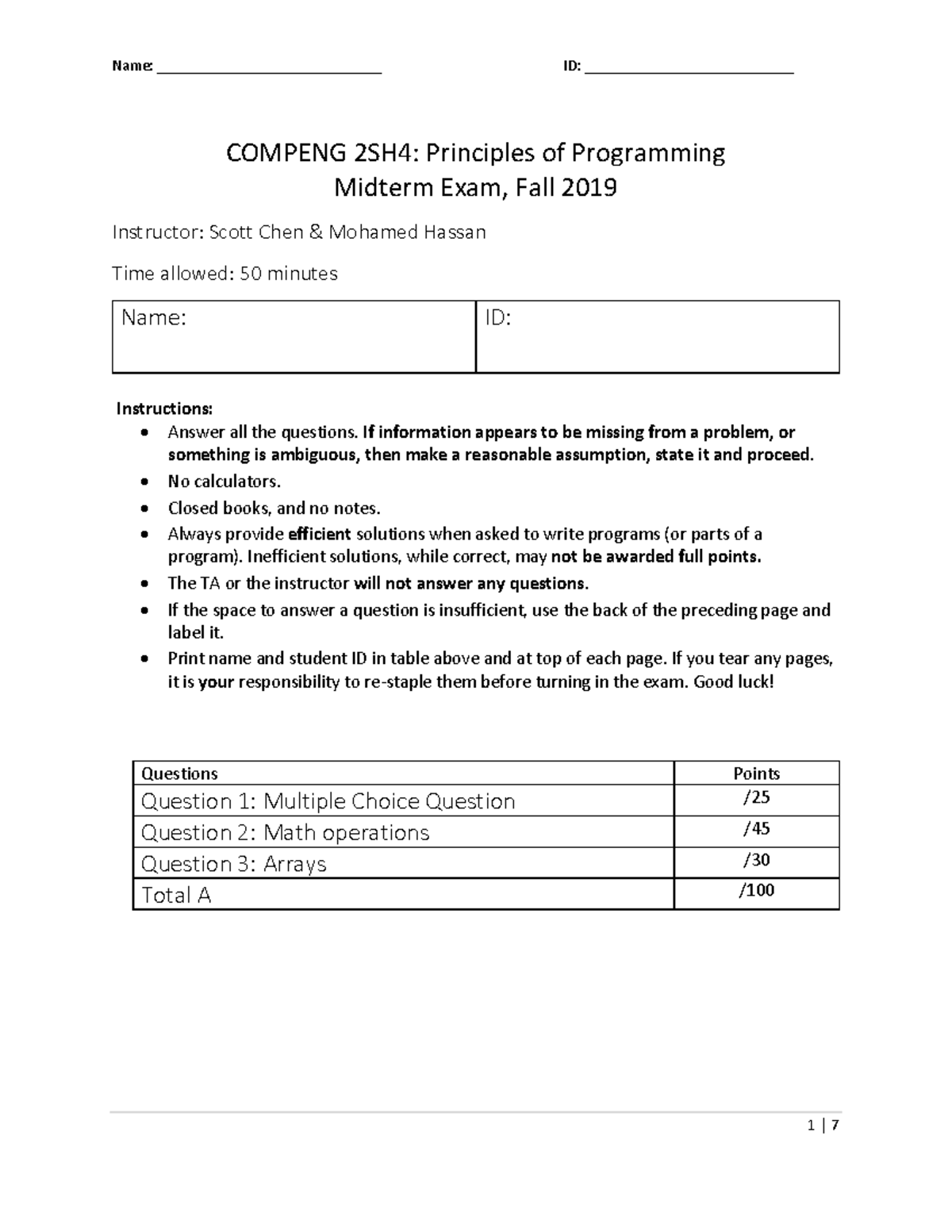 Midterm Fall2022 model 1 - COMPENG 2SH4: Principles of Programming Midterm Exam, Fall 2019 - Studocu