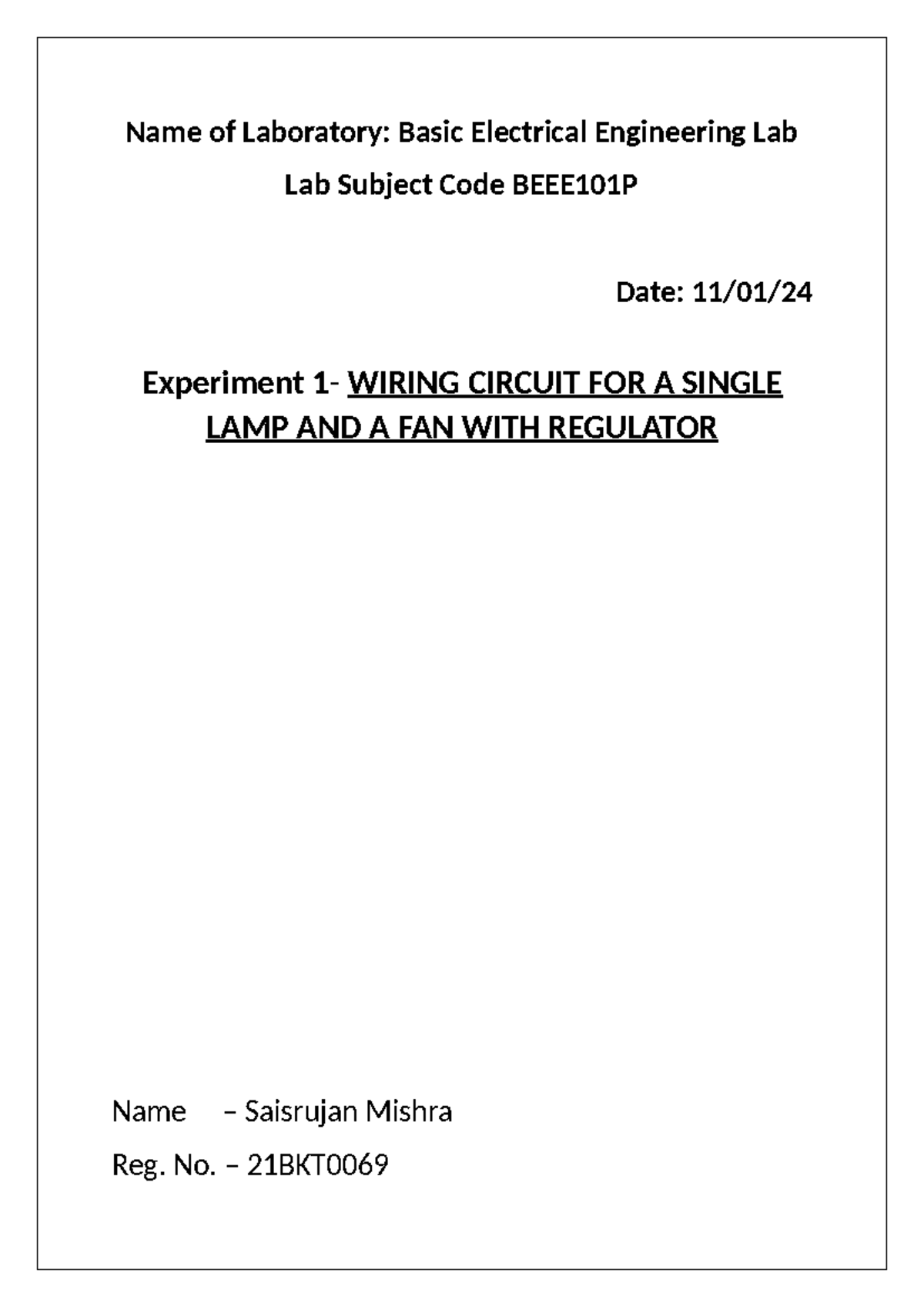 LAB 1 - WIRING CIRCUIT FOR A SINGLE LAMP AND A FAN WITH REGULATOR ...