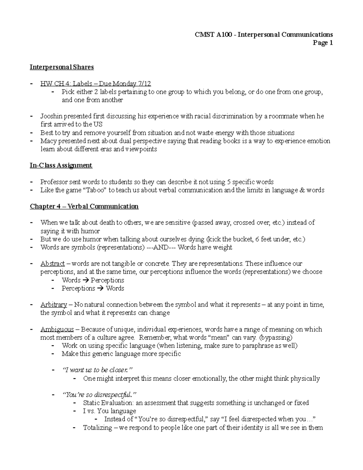 CMST A100 - Notes - 7721 - CMST A100 - Interpersonal Communications ...