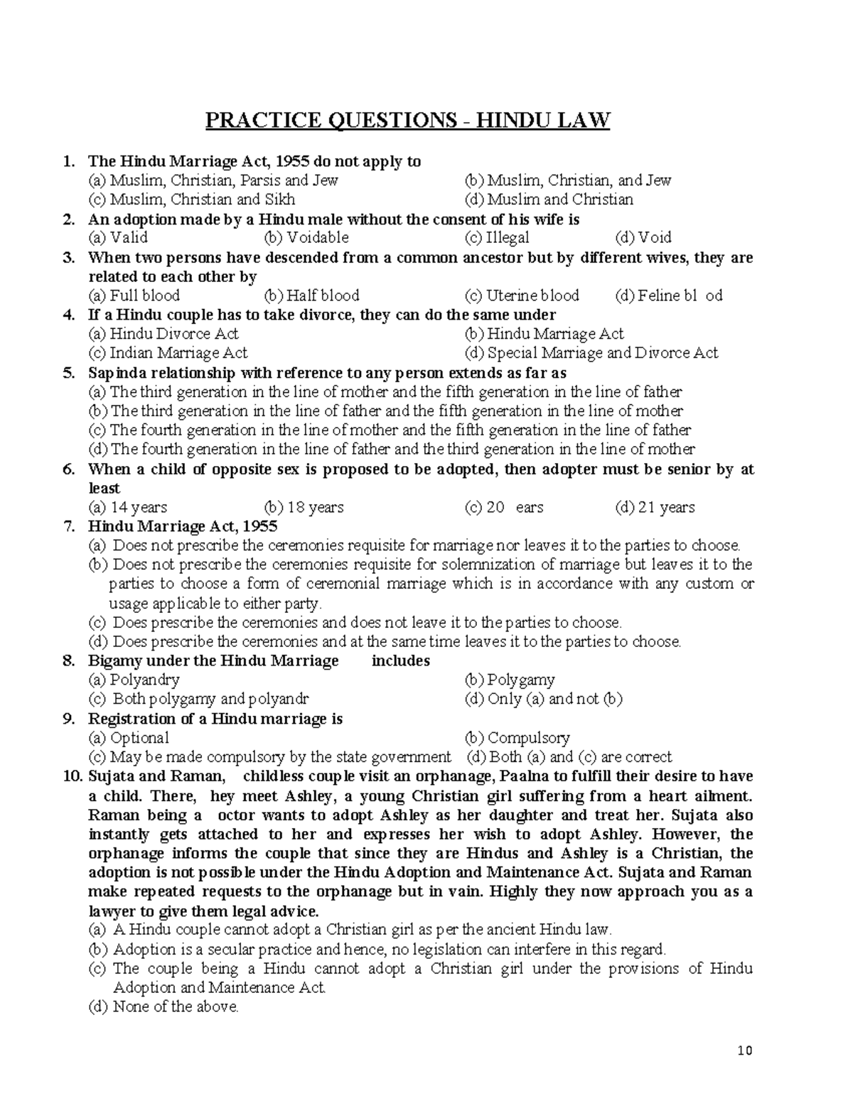 Family Law 100 Questions PRACTICE QUESTIONS HINDU LAW 1 The Hindu