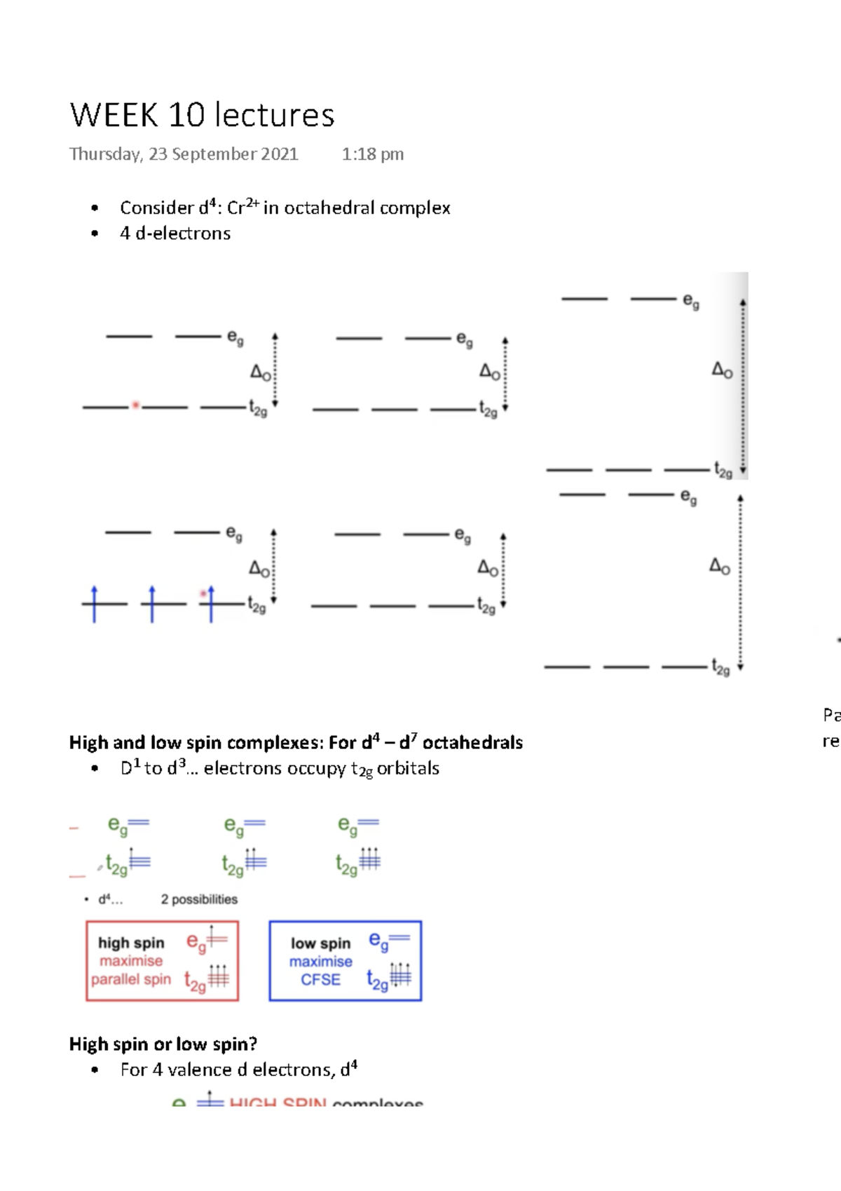 WEEK 10 lectures chem 2 - week 10 lecture notes. High/low spin, colour ...