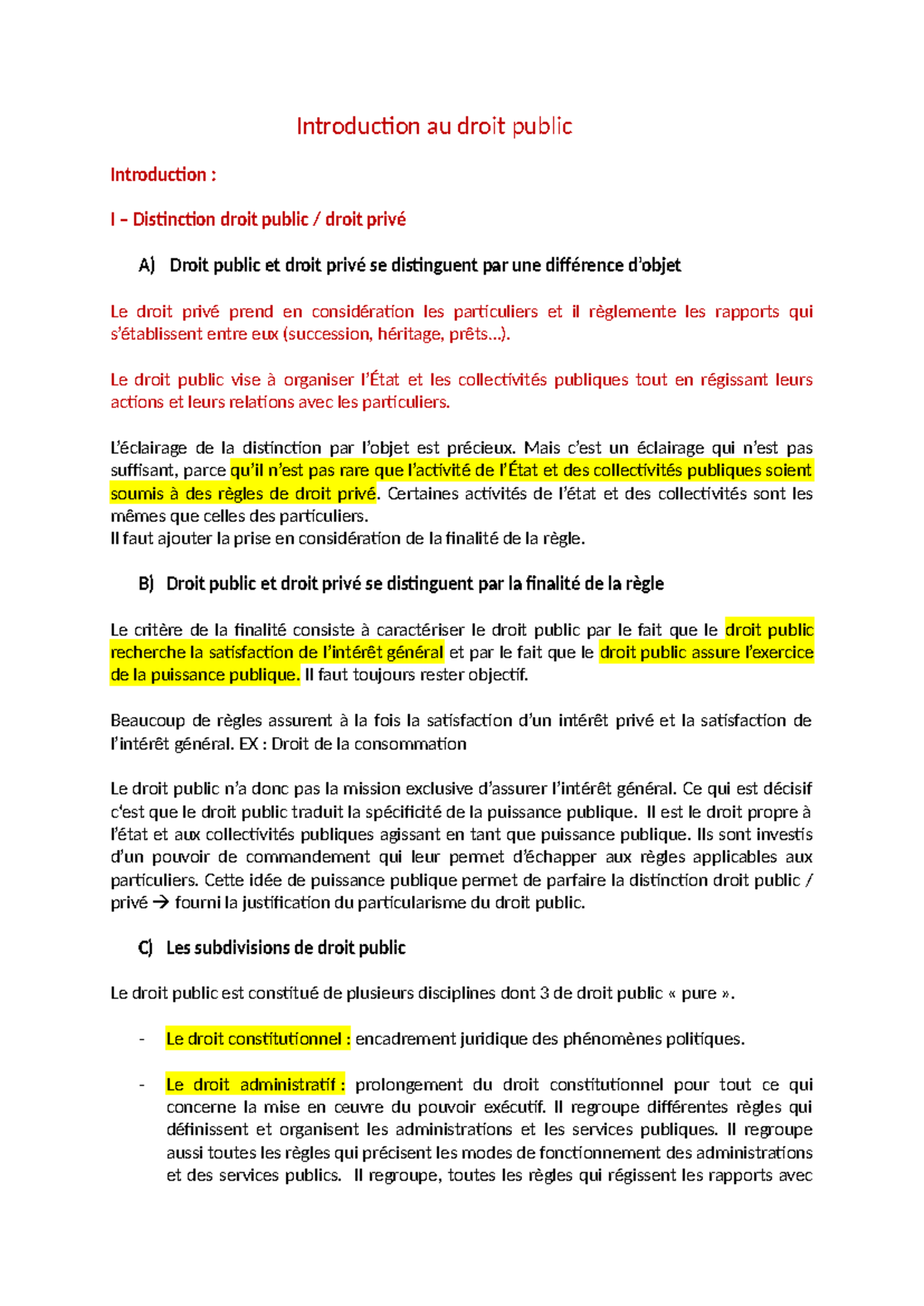 Cours 1 - Introduction au droit public Introduction : I – Distinction droit public / droit privé ...