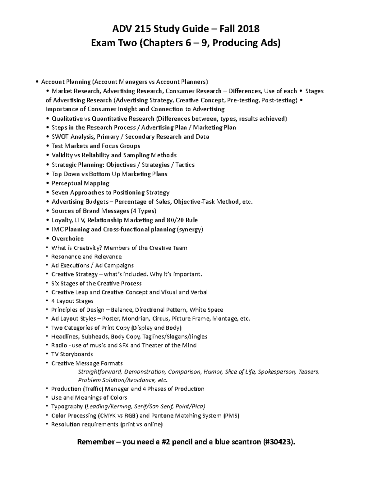 ADV 215 Exam Two Study Guide W Oct 3 - ADV 215 Study Guide – Fall 2018 ...