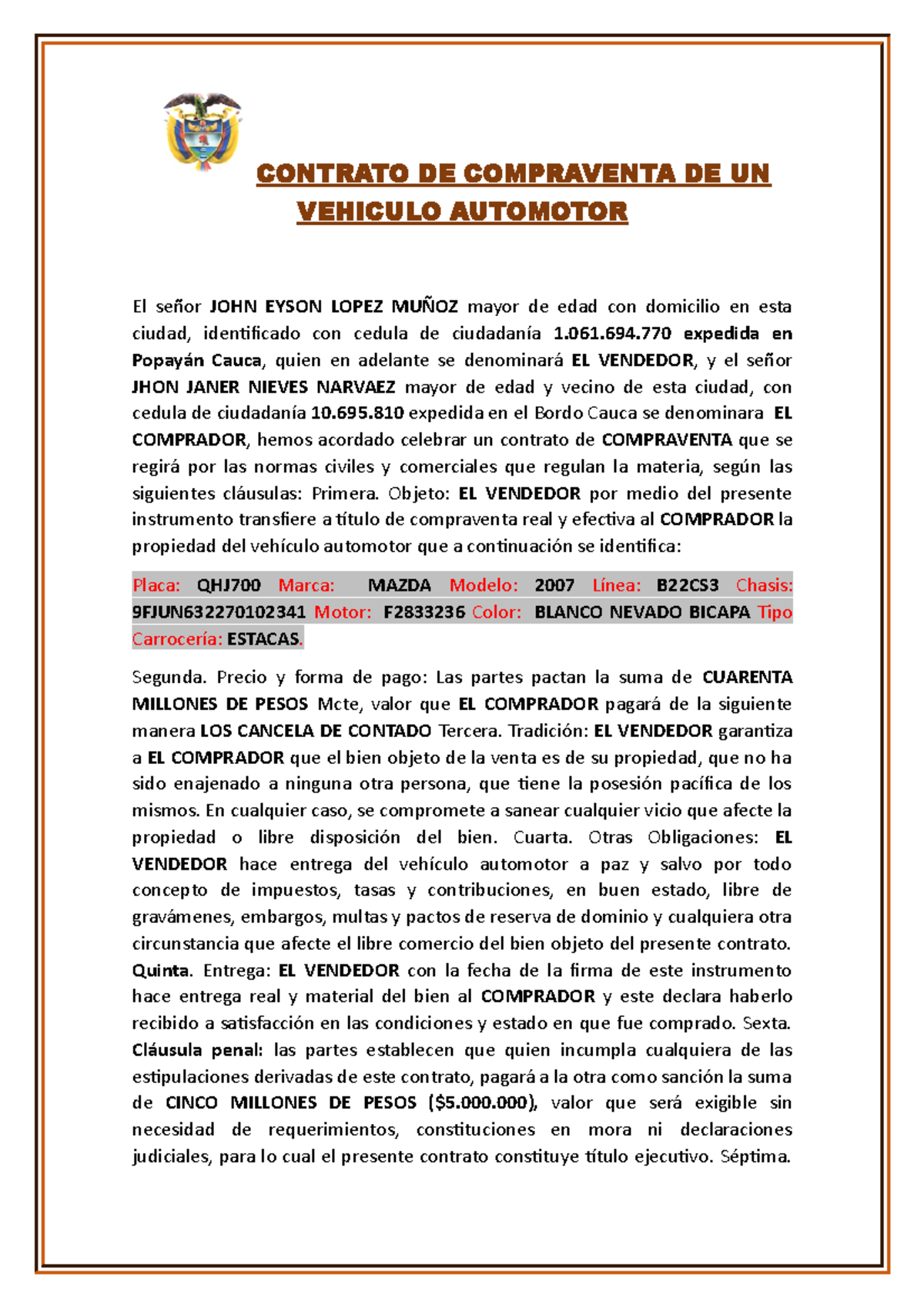 Contrato DE Compraventa DE UN Vehiculo Automotro - CONTRATO DE ...
