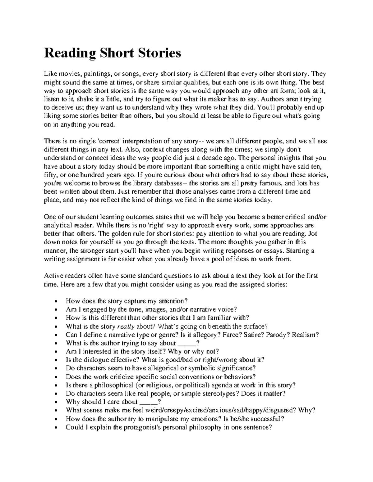 Reading Short Stories - What the class is about, which is a great class ...