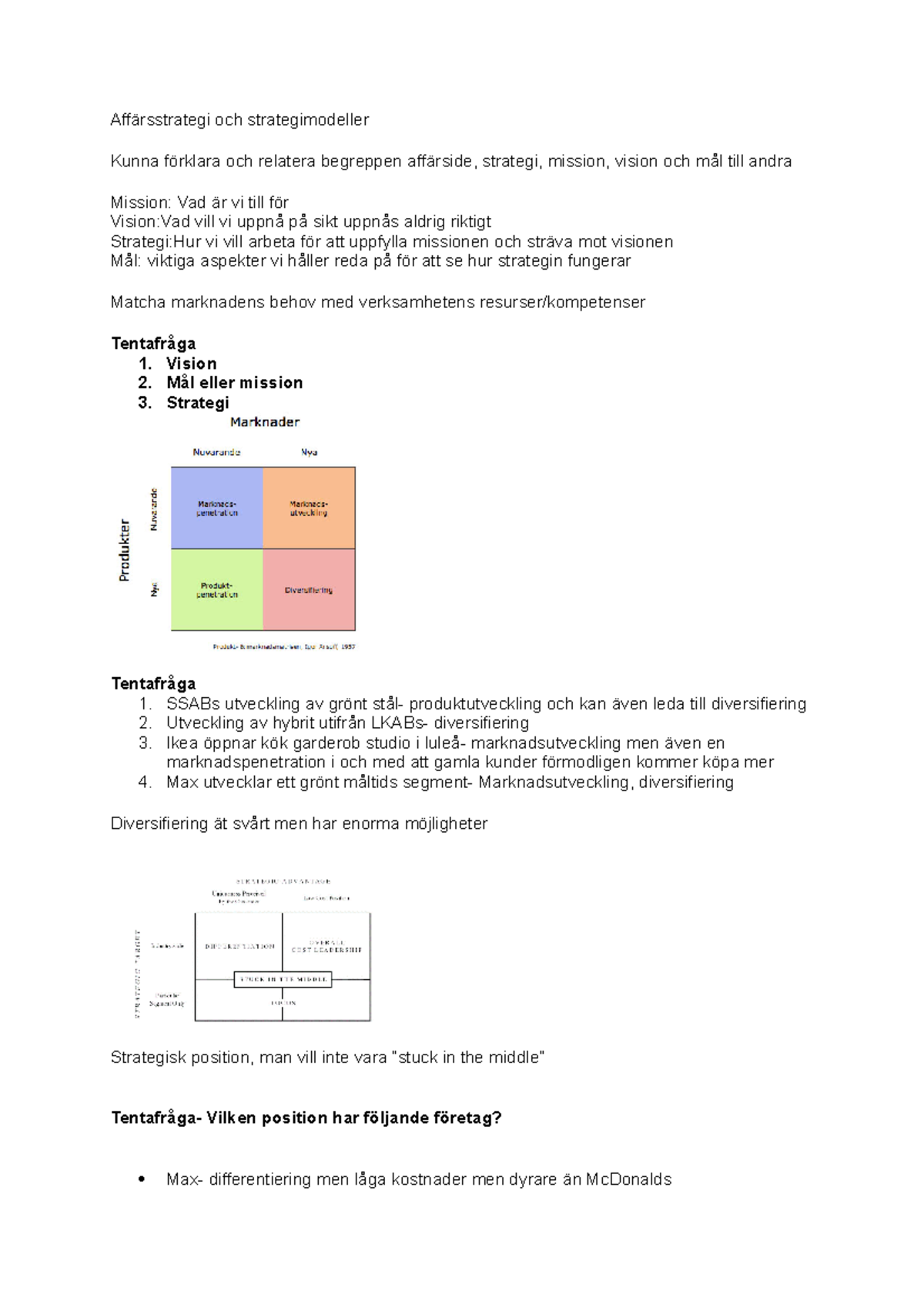 Modul 3 - Affärsstrategi och strategimodeller Kunna förklara och ...