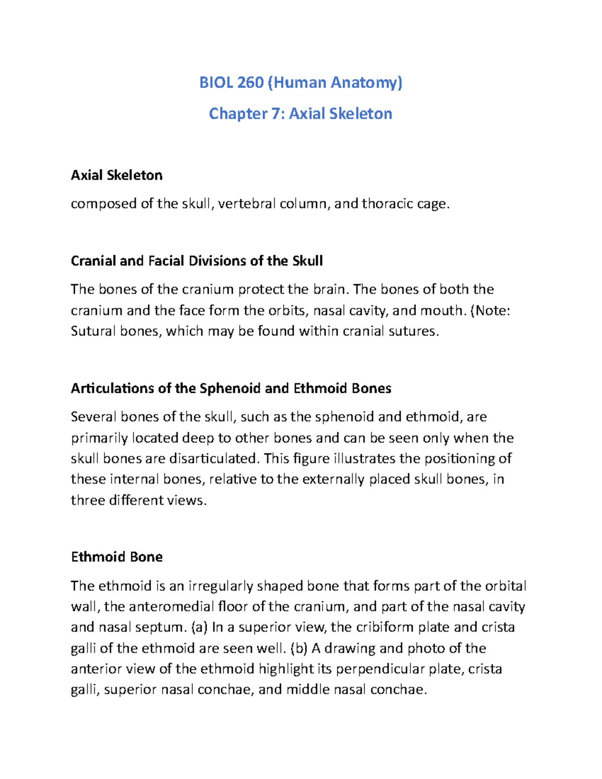 BIOL 260 Anatomy Ch 7 (Important) - BIOL 260 (Human Anatomy) Chapter 7 ...