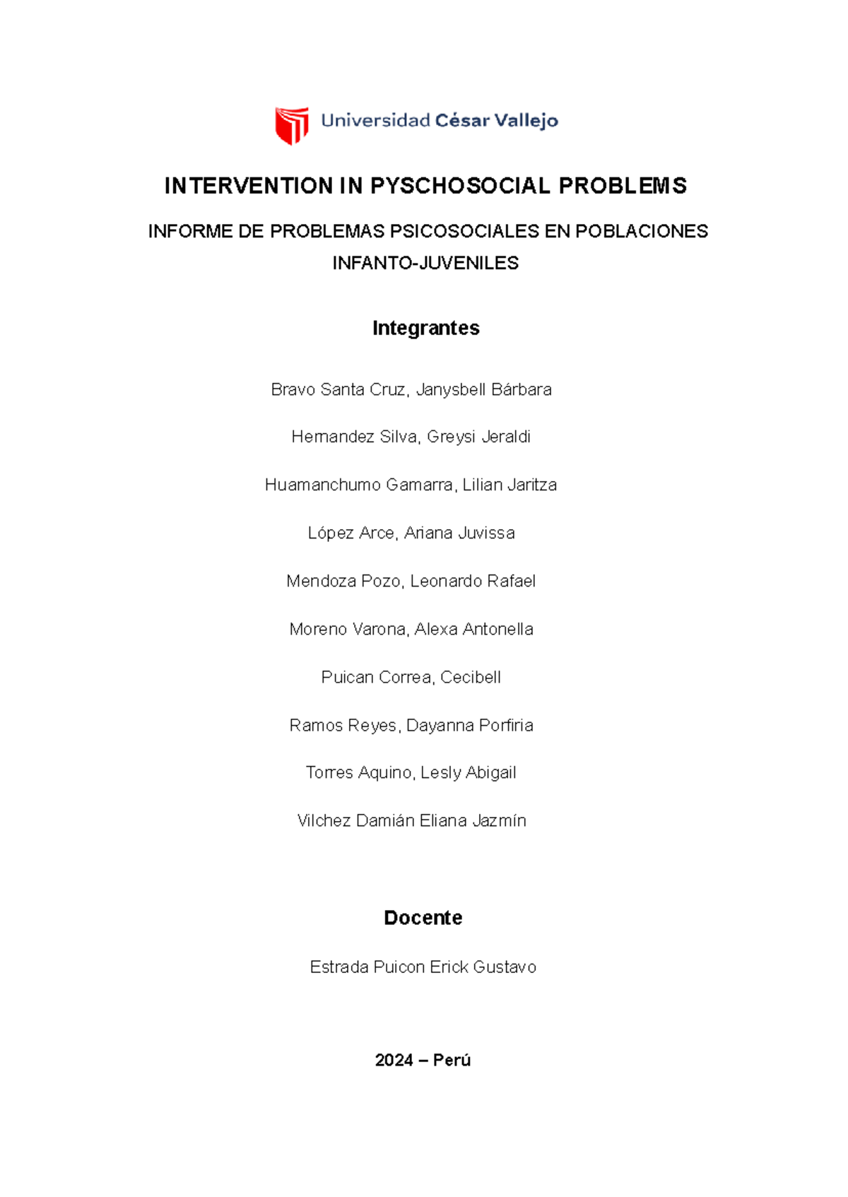 Aterial DE Evaluación - Formato - INTERVENTION IN PYSCHOSOCIAL PROBLEMS INFORME DE PROBLEMAS ...