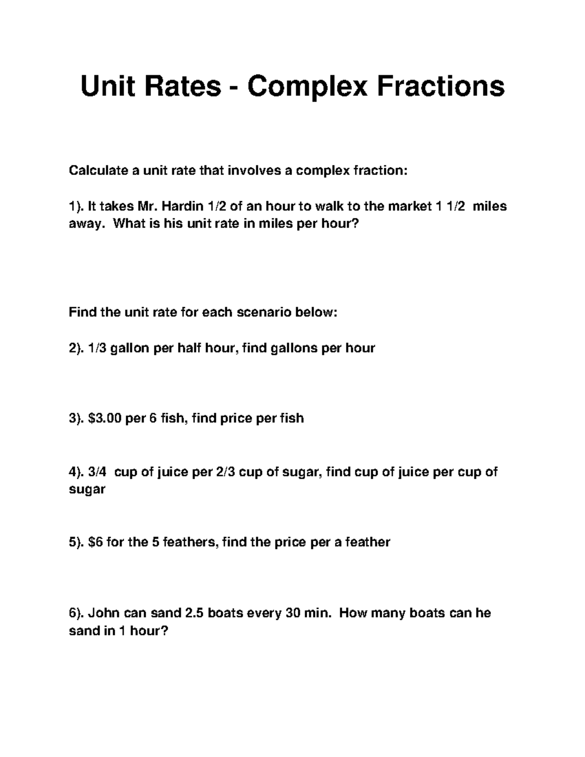 Worksheet for students - Unit Rates - Complex Fractions Calculate a ...