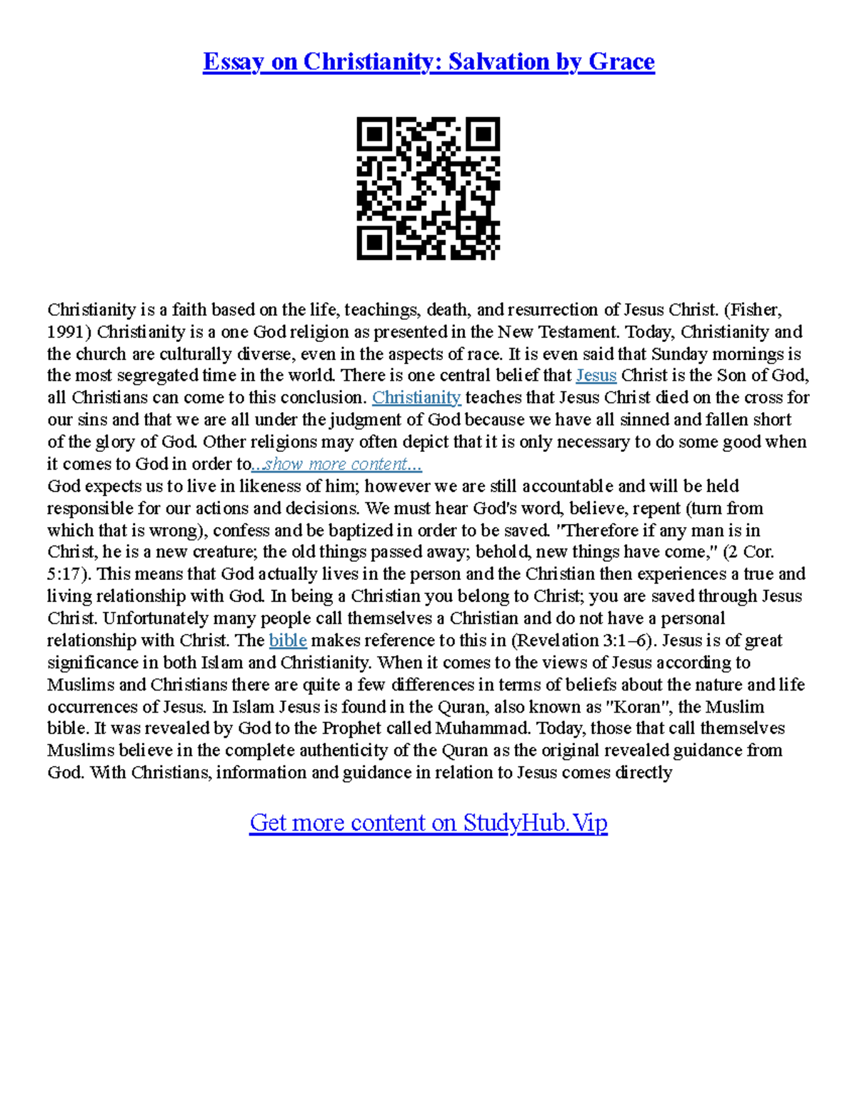 Essays On Christianity - (Fisher, 1991) Christianity is a one God ...