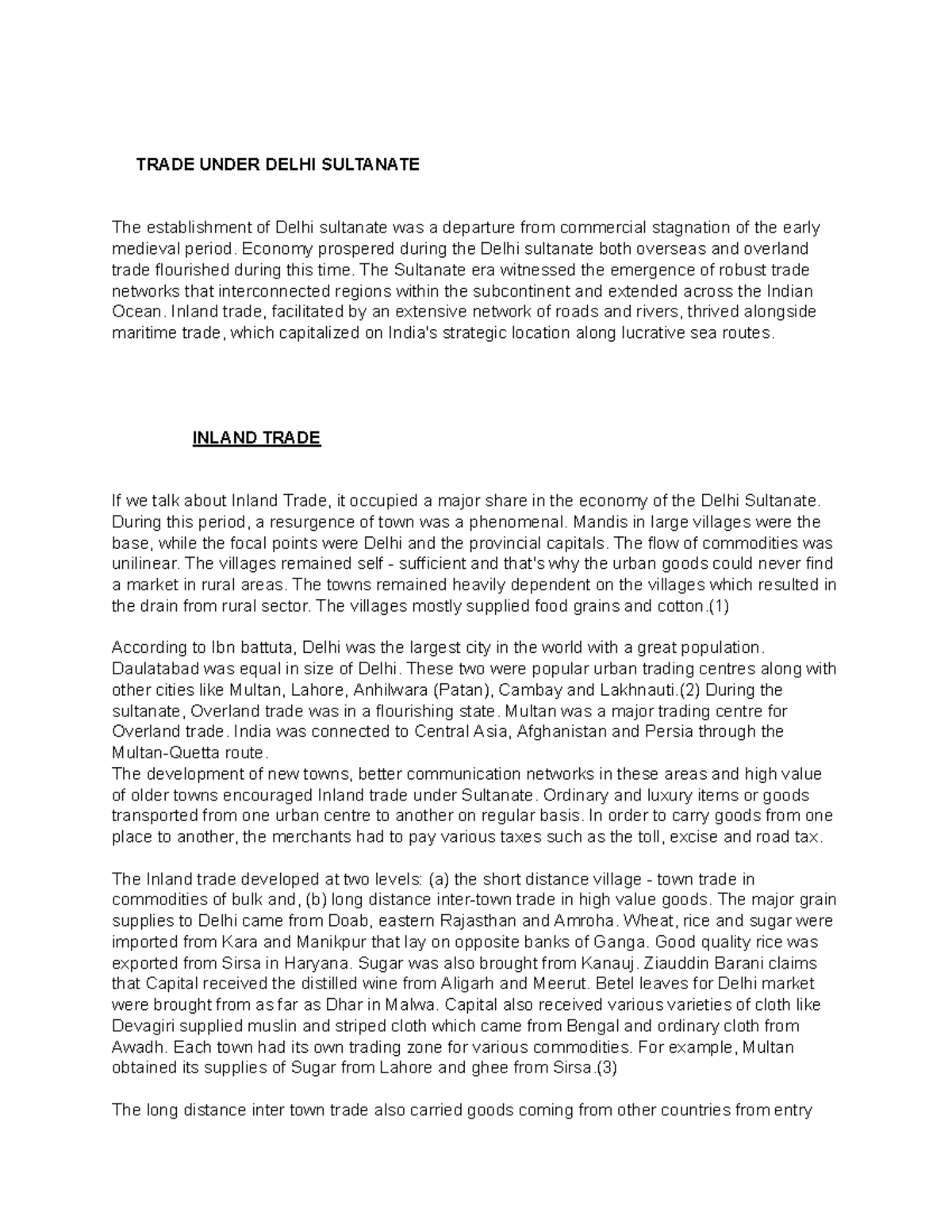 Inland Trade under DS - Summary Ba Honours History - TRADE UNDER DELHI ...