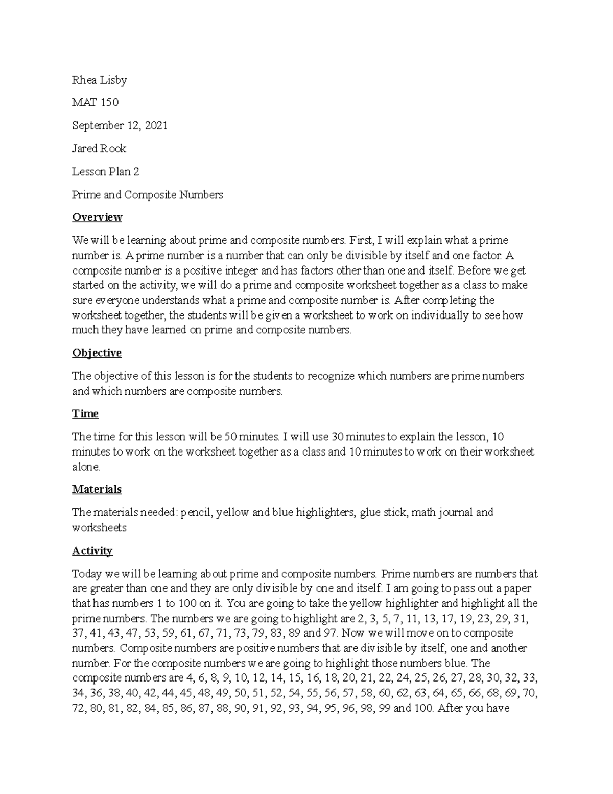 Lesson Plan 002 - Rhea Lis MAT 150 September 12, 2021 Jared Rook Lesson ...