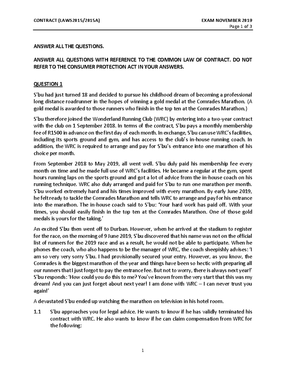 Nov 2019 Contract EXAM Paper - CONTRACT (LAWS2015/2015A) EXAM NOVEMBER ...