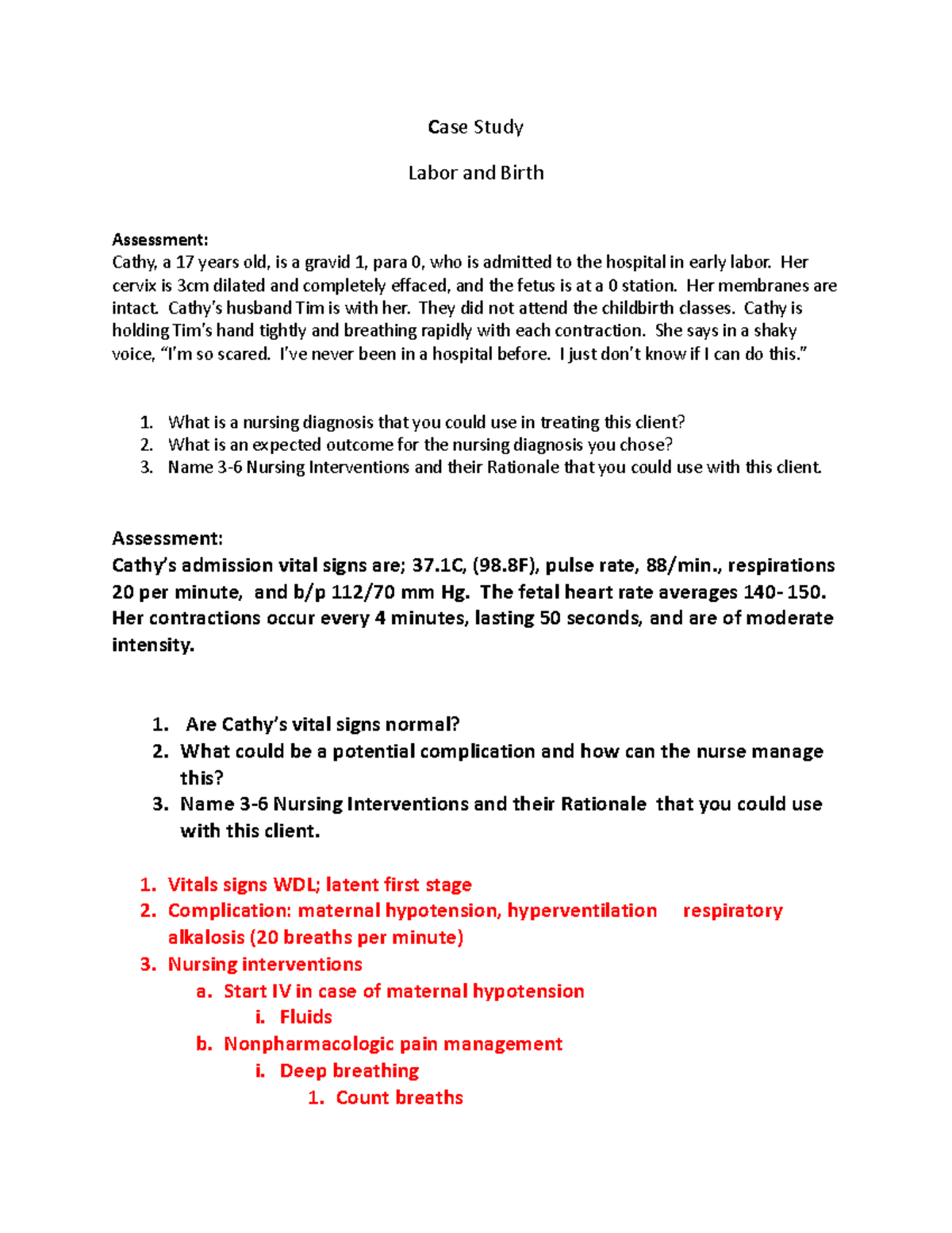 Case Study - First Stage of Labor - C ase Study Labor and Birth ...