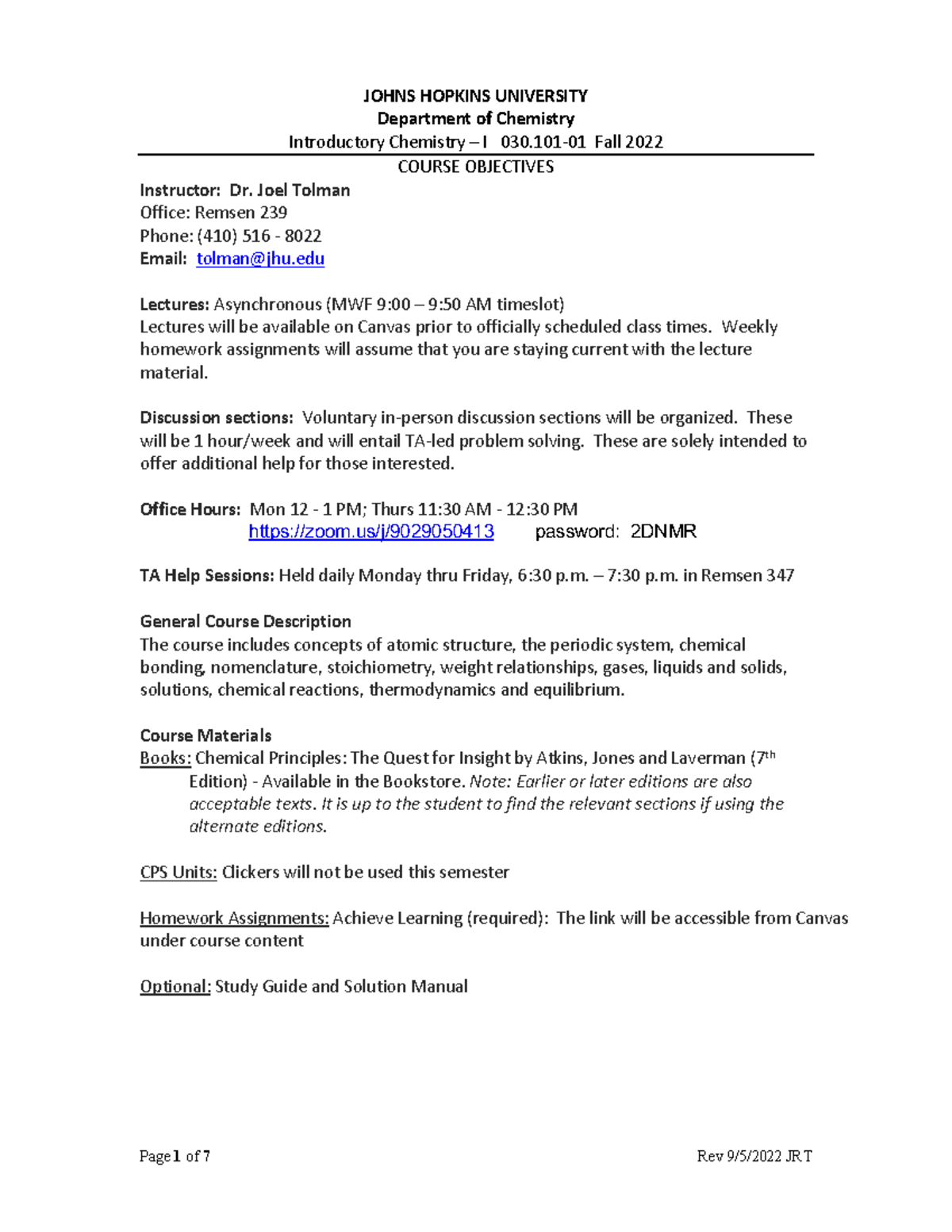 Course objectives Fall 2022 v2 - Department of Chemistry Introductory ...