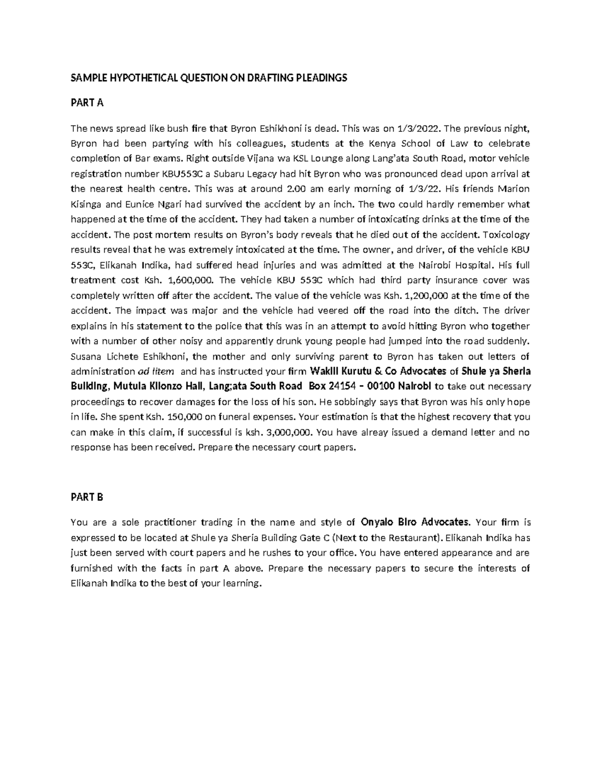 Instructions FOR Drafting - SAMPLE HYPOTHETICAL QUESTION ON DRAFTING ...