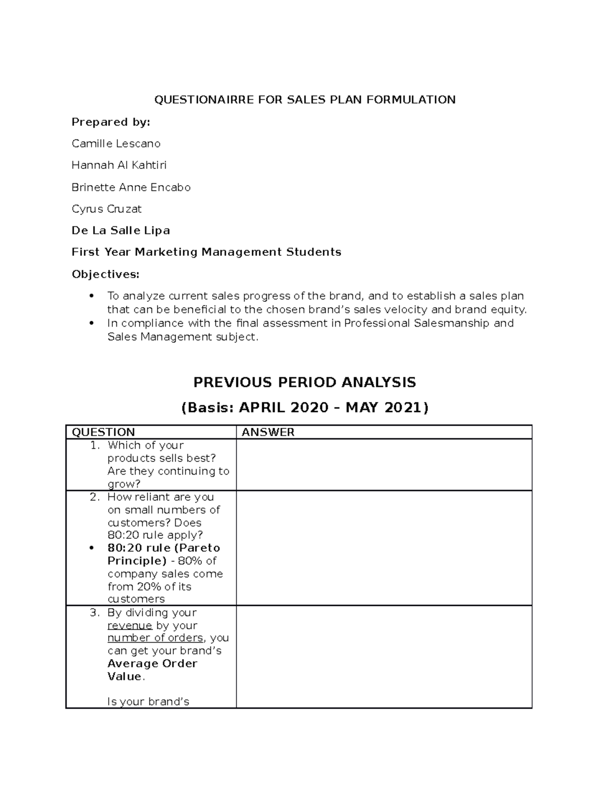 Salesplan Questionnaire - QUESTIONAIRRE FOR SALES PLAN FORMULATION ...