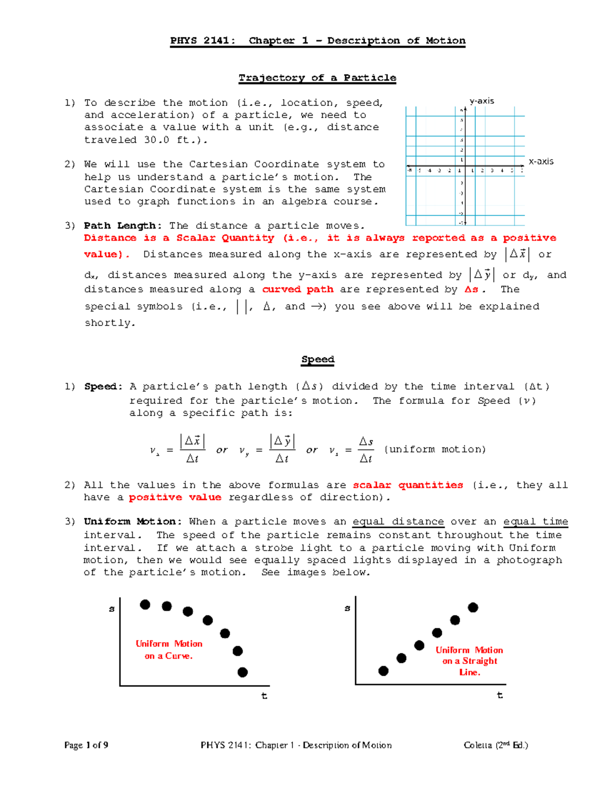 Chapter 1 - Description of Motion - PHYS 2141: Chapter 1 - Description ...