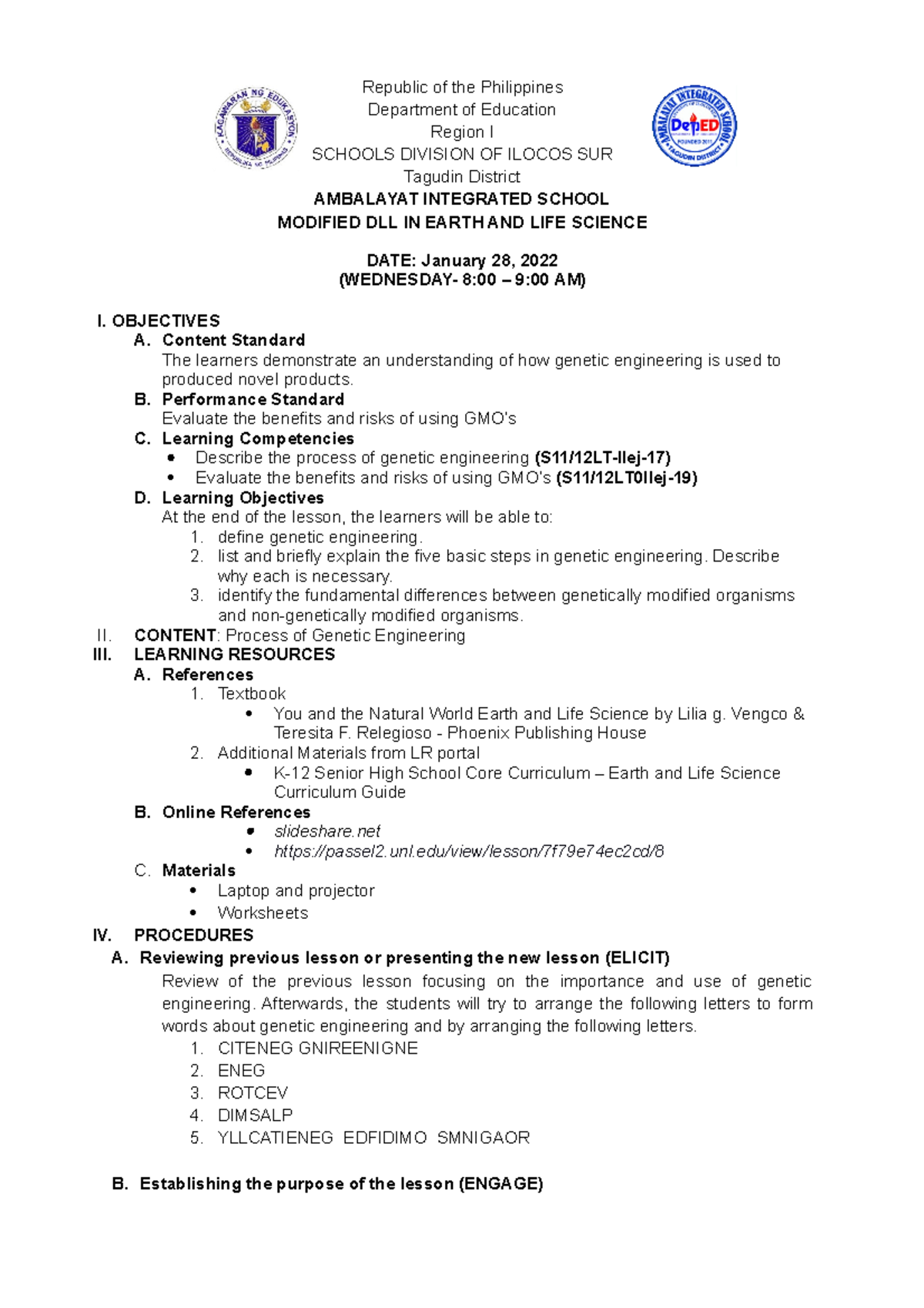 Lesson Plan in Genetic Engineering - Republic of the Philippines ...